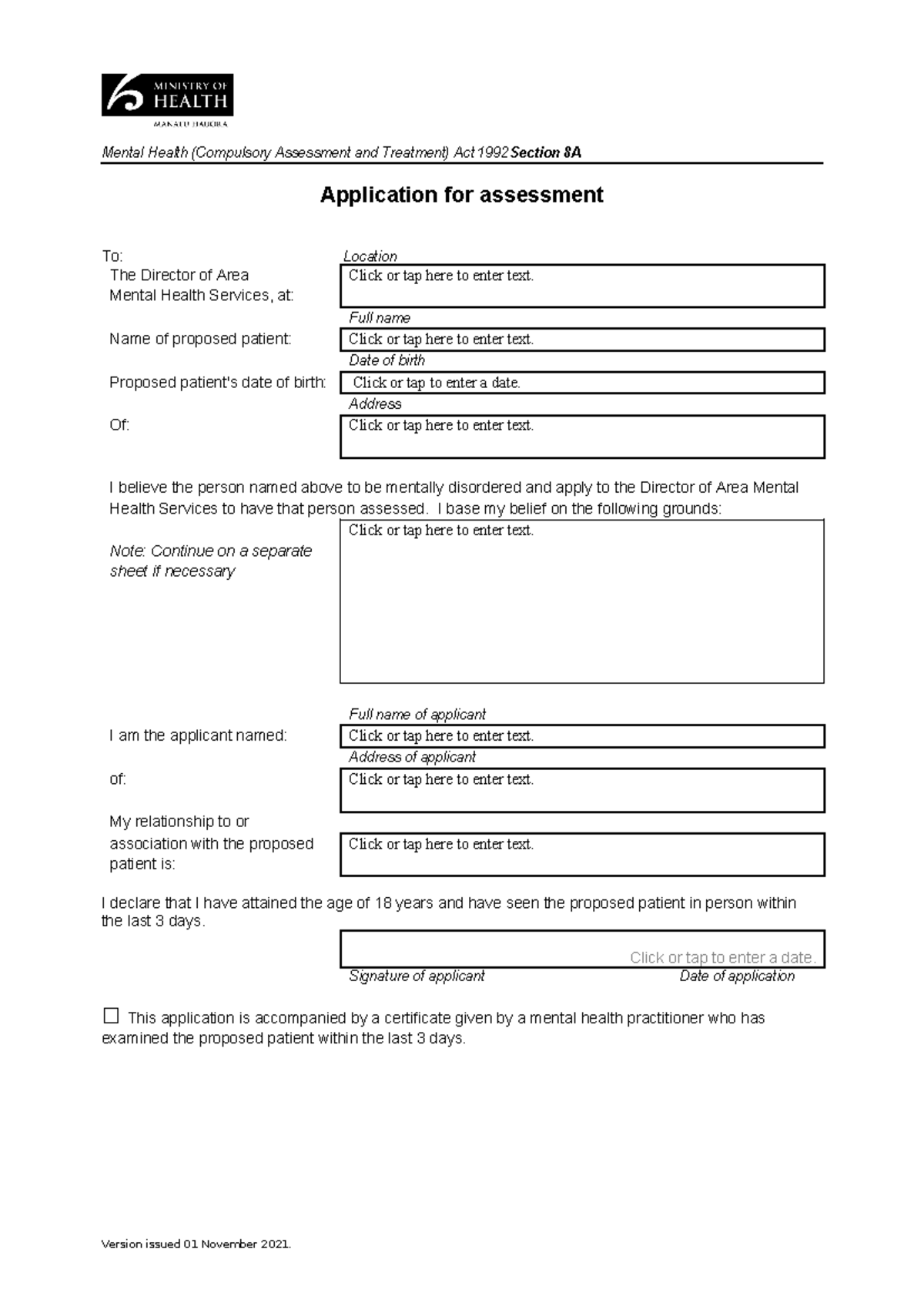 Section 8a version 16 - Application for compulsory assessment - Mental ...