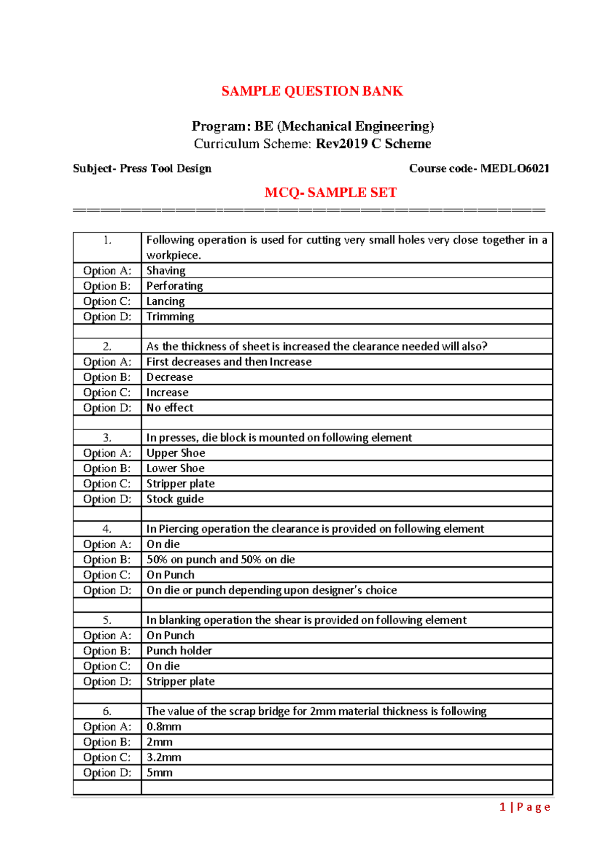 R19 Mech VI Press-Tool-Design Sample Question Bank - SAMPLE QUESTION ...