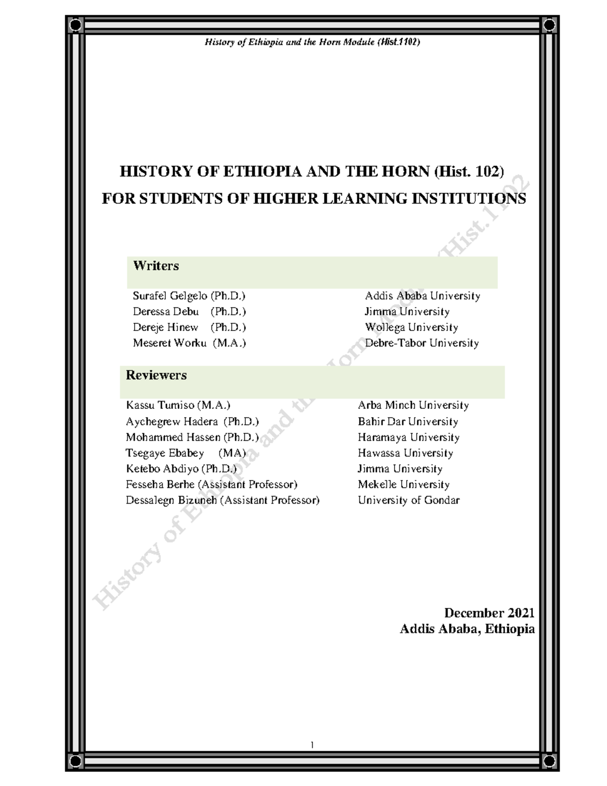 History of Ethiopian and the Horn Approved by Association 1 - HISTORY OF ETHIOPIA AND THE HORN ...