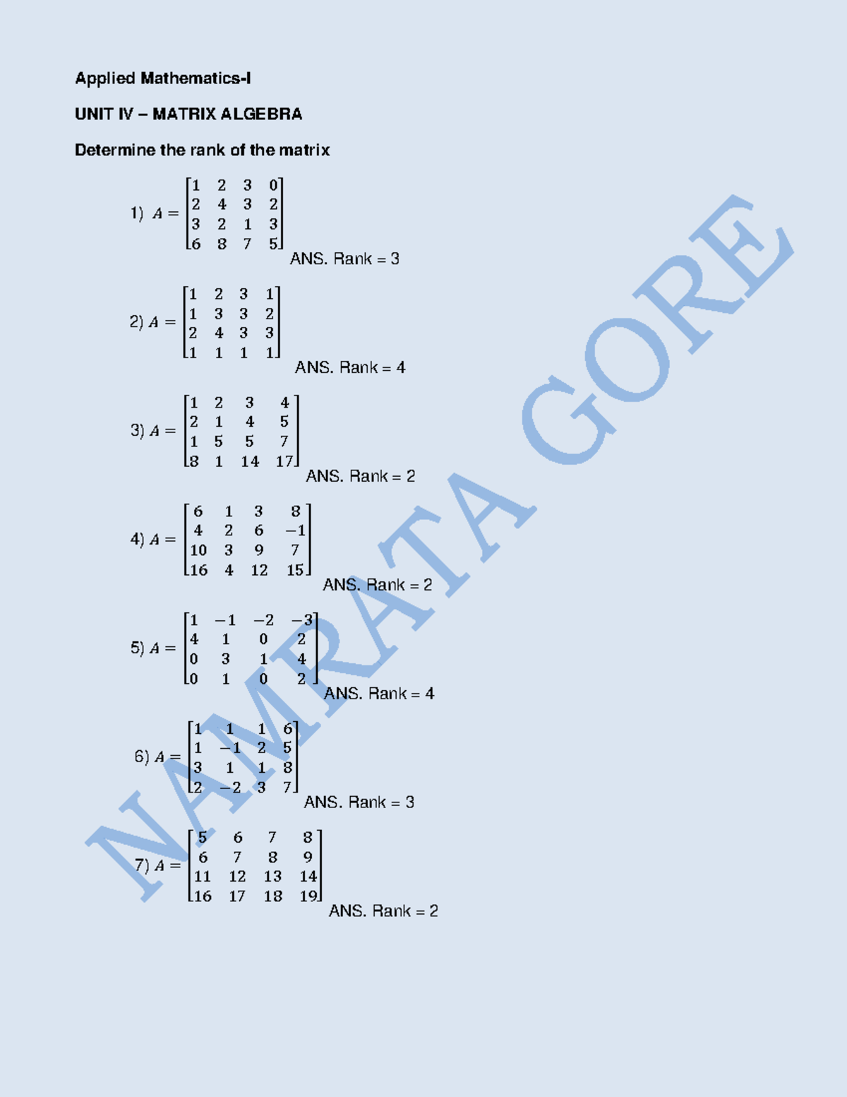 SEM I Problem sheet - Matrix Algebra - Applied Mathematics-I UNIT IV ...