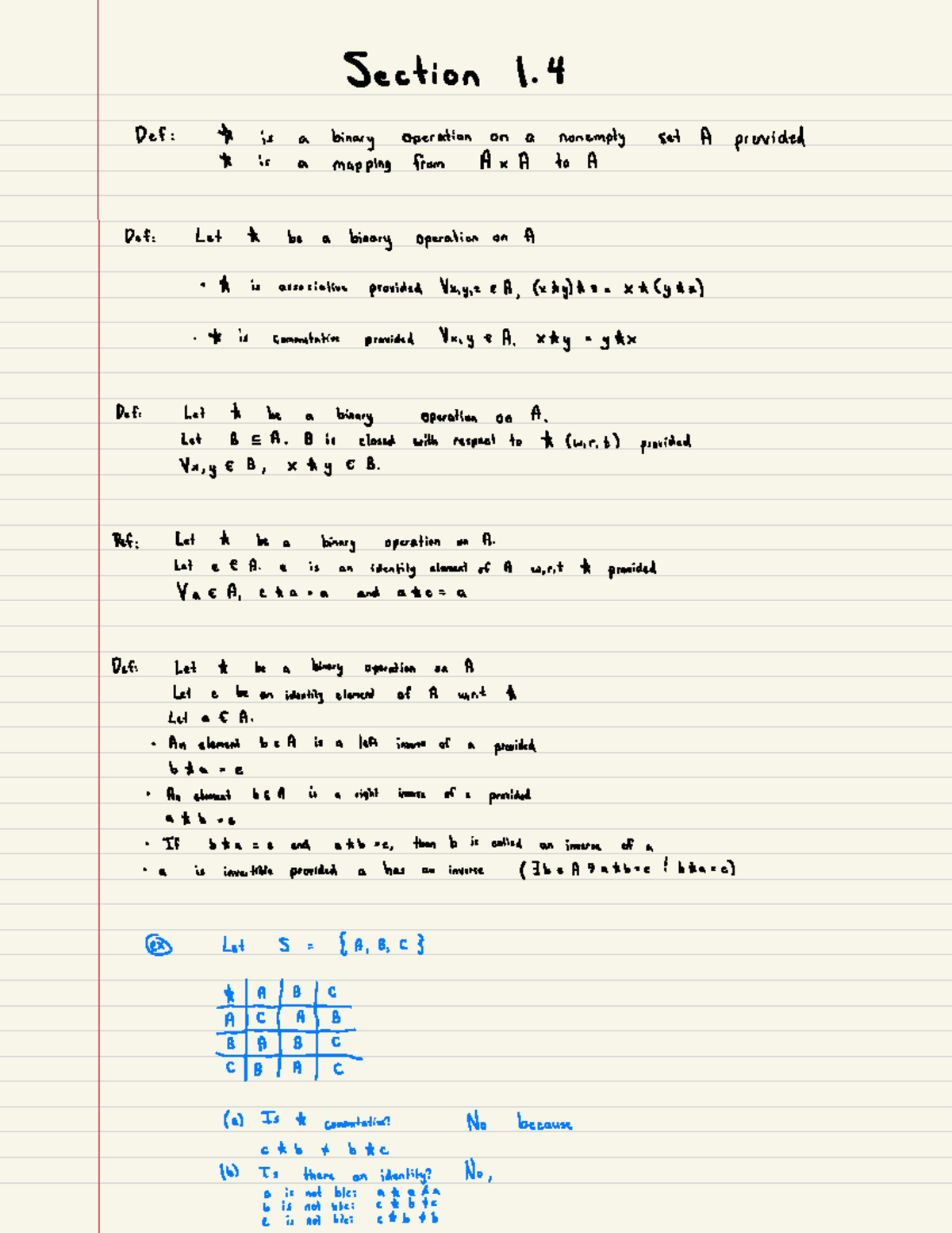 Section 1.4 Notes - Section 1. Def: A is a binary operation on a ...