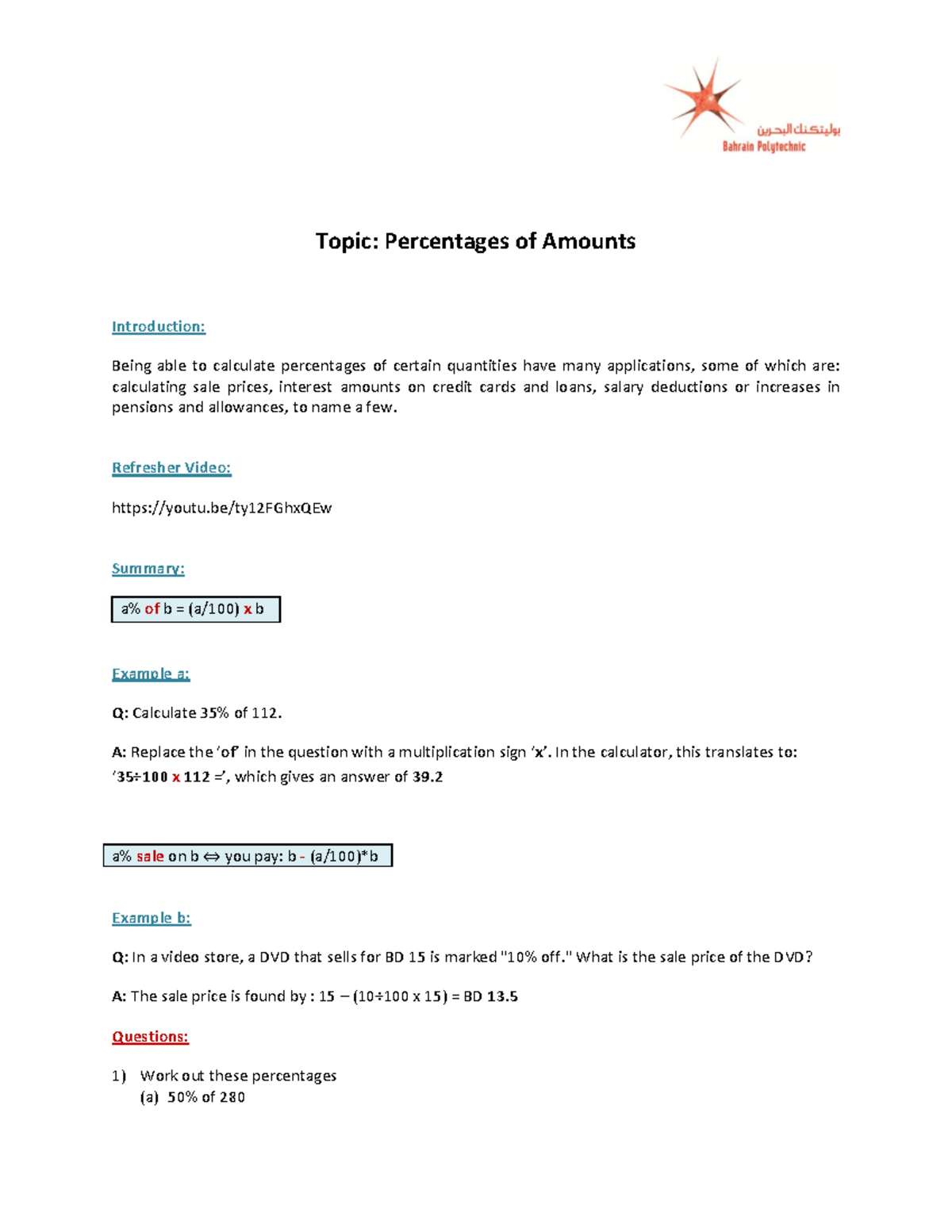 Percentages-of-Amounts - Topic: Percentages of Amounts Introduction ...