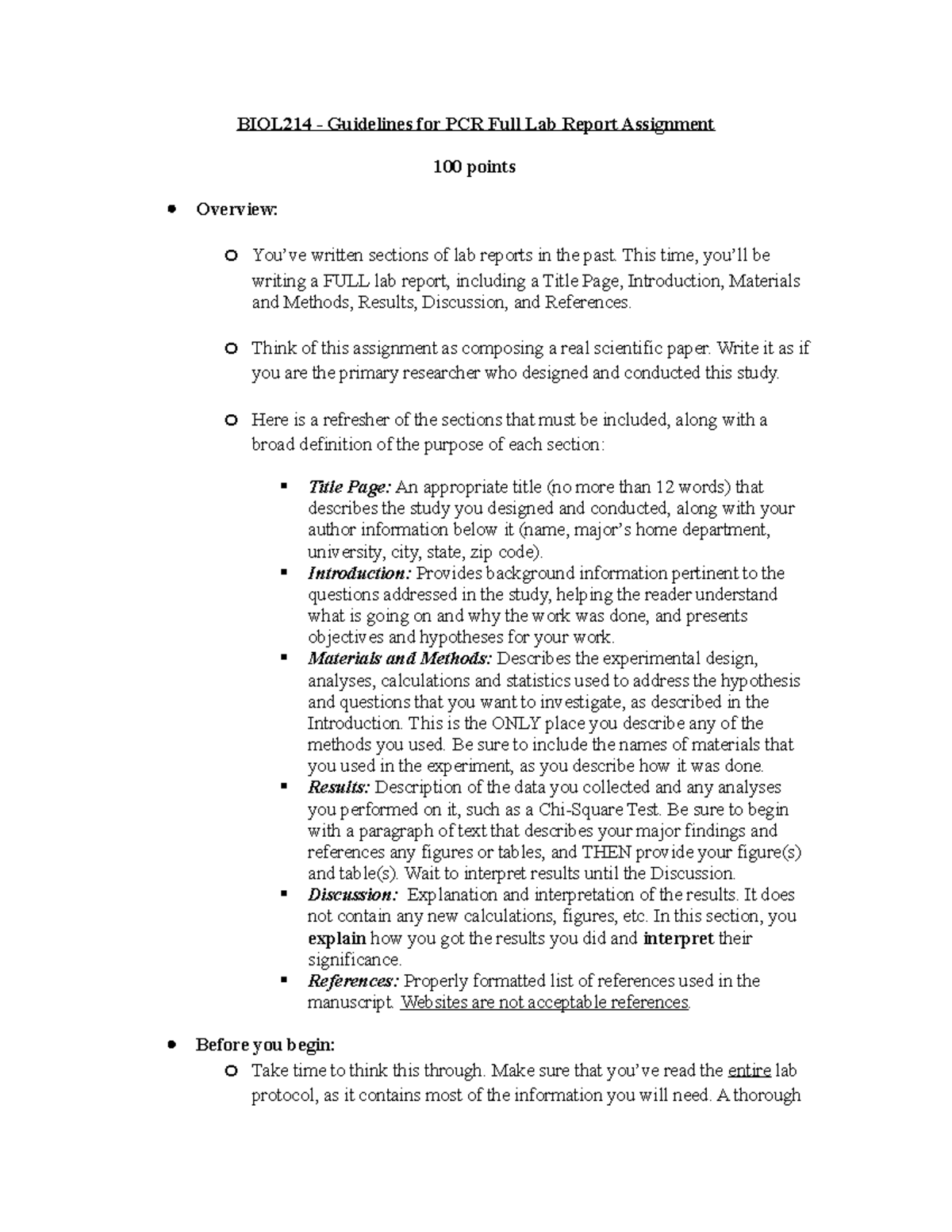 PCR Full Lab Report Assignment Description Spring 2023 - BIOL214 ...