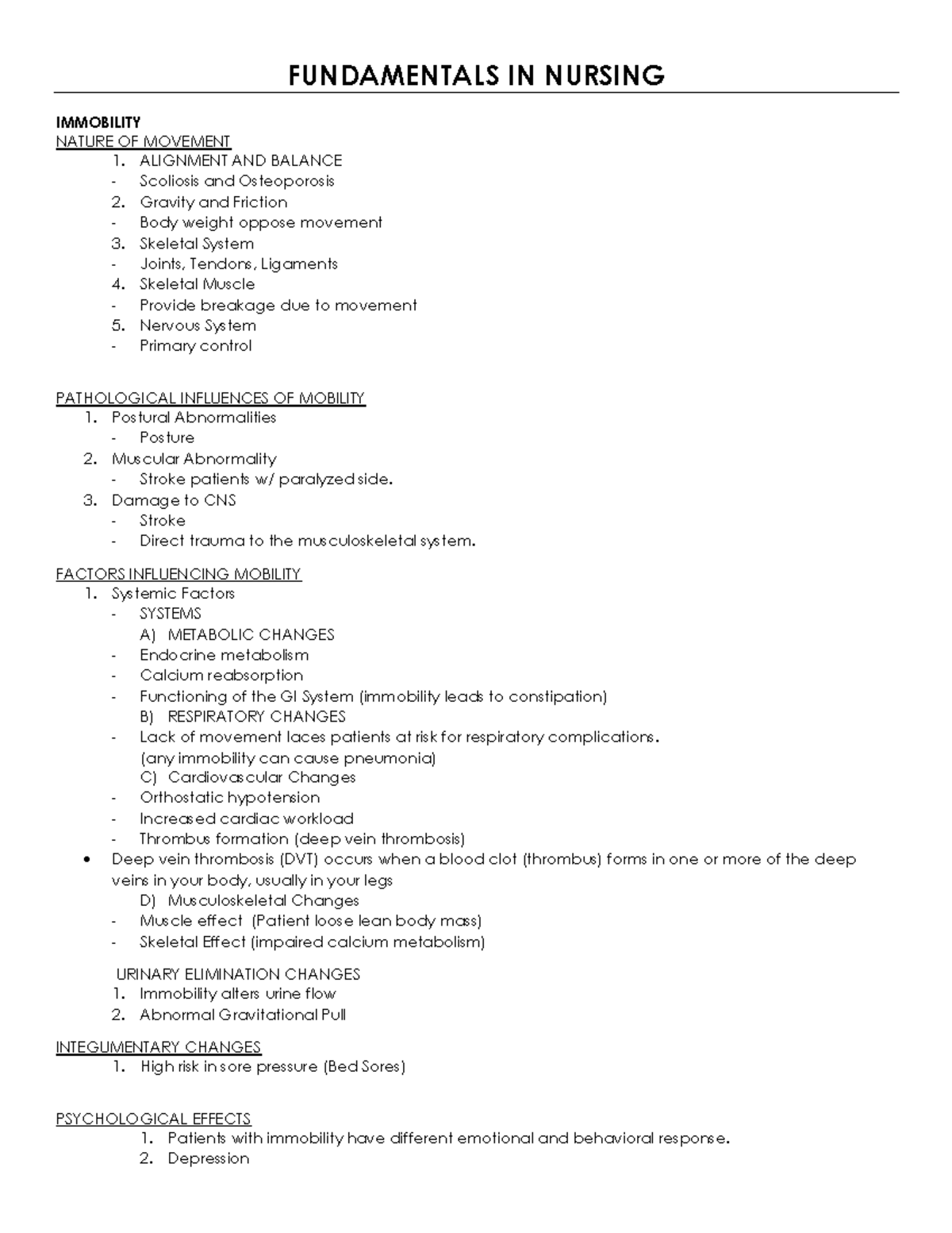 Fundamentals of Nursing - FUNDAMENTALS IN NURSING IMMOBILITY NATURE OF ...