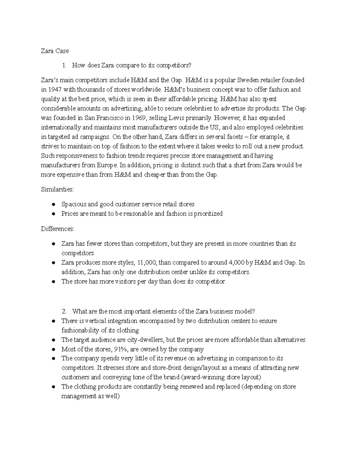 MKTG - Zara Case - MKTG 101 Zara Case - Zara Case How does Zara compare ...