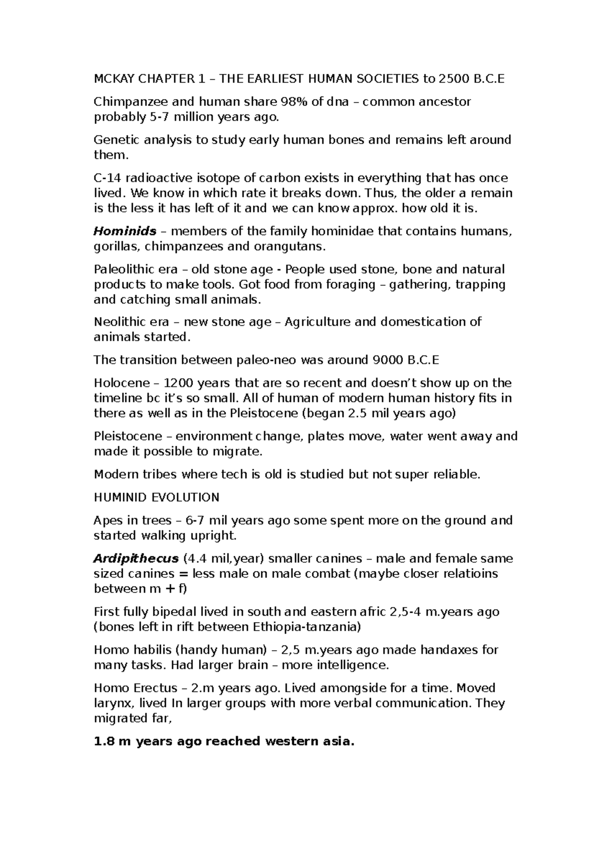 Mckay Chapter 1 to 2500 bce - MCKAY CHAPTER 1 – THE EARLIEST HUMAN ...