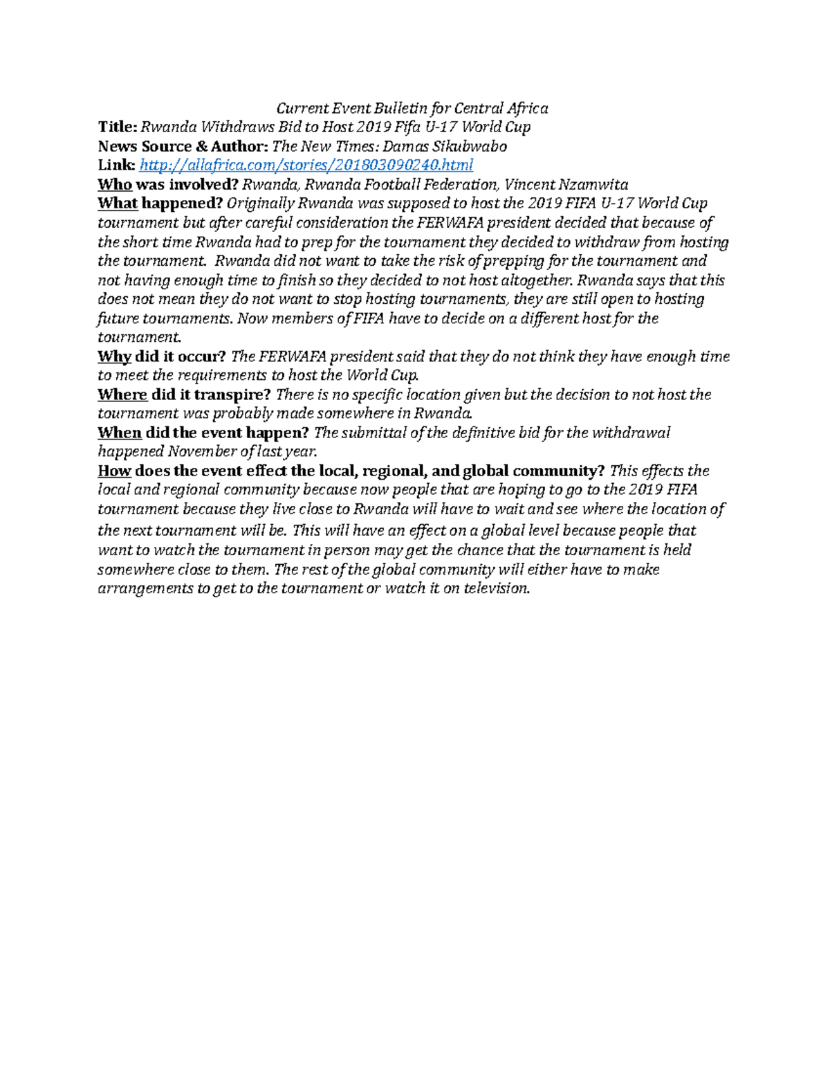 Geography 101 Current Event- Central Africa - Current Event Bulletin ...