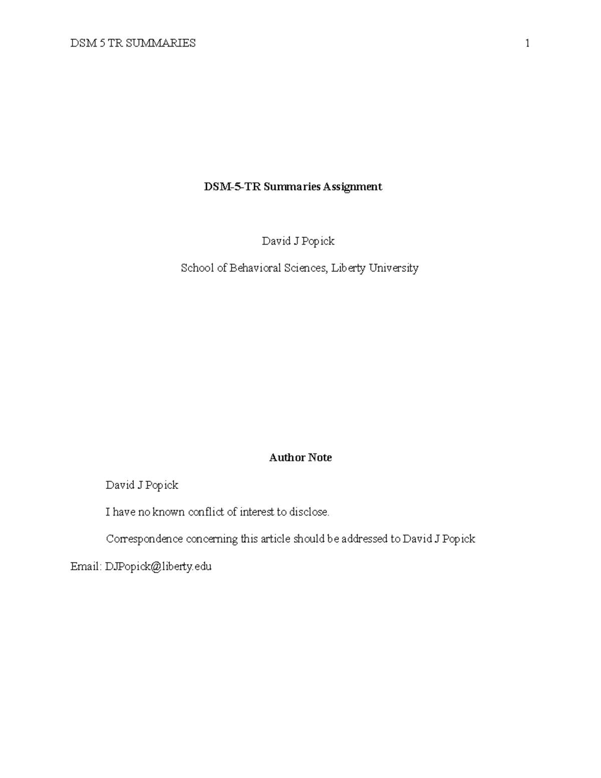 DSM 5 week 3 summary - DSM-5-TR Summaries Assignment David J Popick School of Behavioral ...