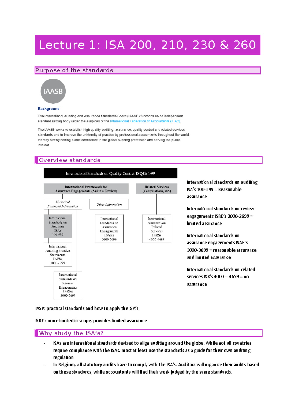 International auditing standards samenvatting - Lecture 1: ISA 200, 210 ...
