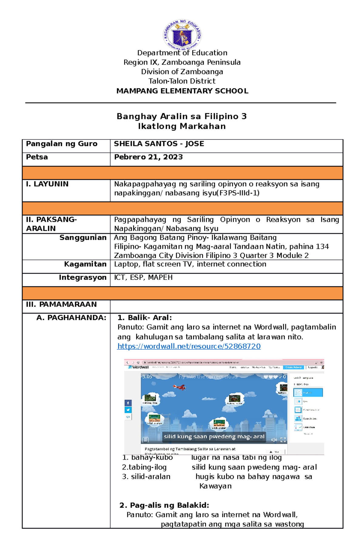 CO2 Lesson PLAN- Filipino-Q3-W2 - Region IX, Zamboanga Peninsula ...