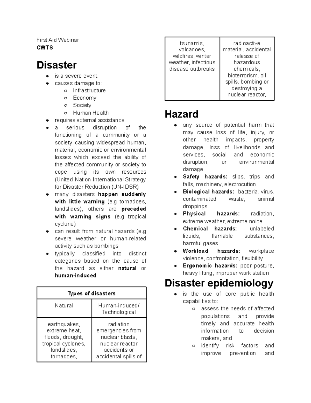 First Aid Webinar - First Aid Webinar CWTS Disaster is a severe event ...