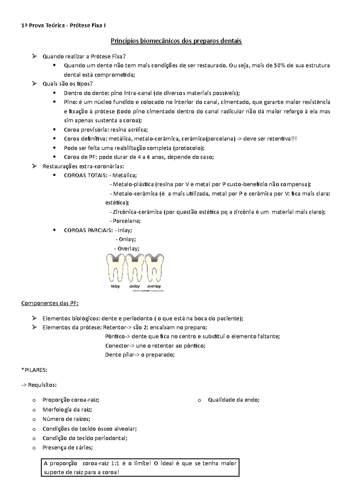 Resumo parte 1 Protese Fixa I - Prova Fixa I dos preparos dentais ...