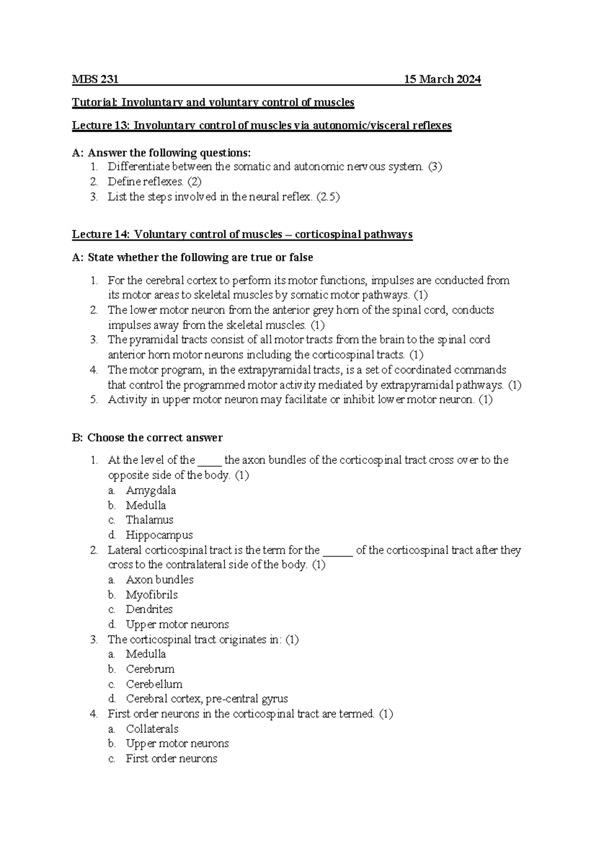 MBS 231 - Tutorial 4 - MBS 231 15 March 2024 Tutorial: Involuntary and ...