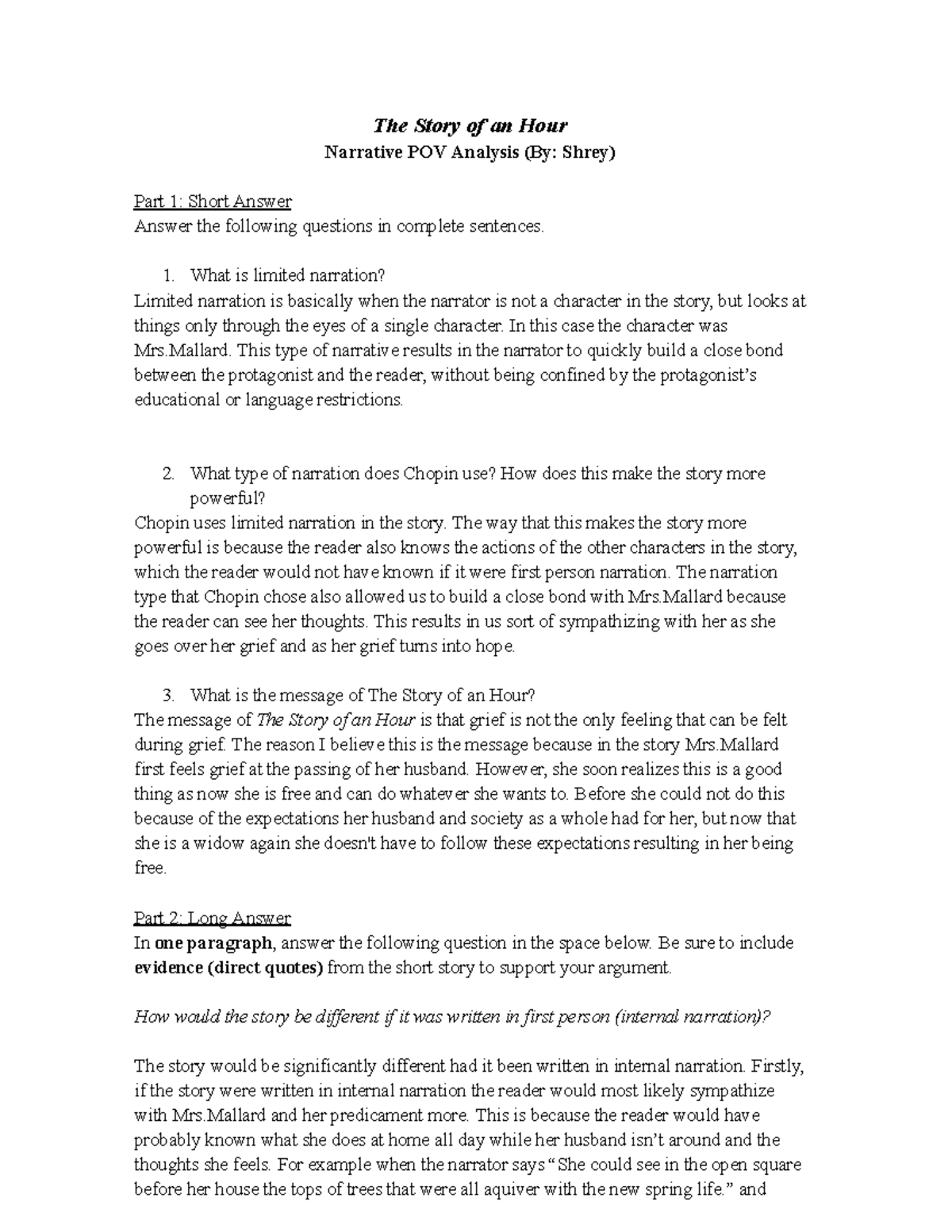 The Story of an Hour- Narrative POV Worksheet - The Story of an Hour ...
