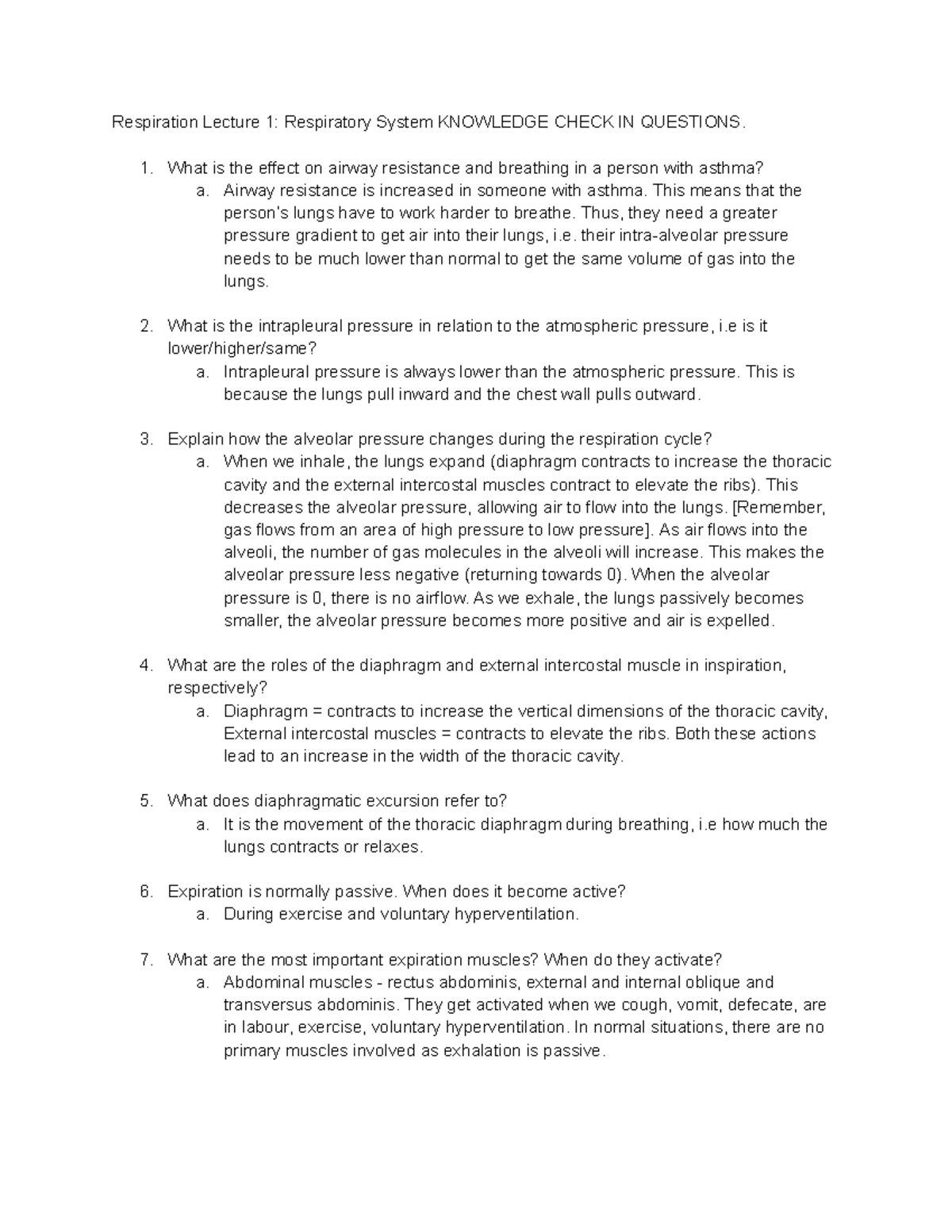 Respiration Lecture 1 Respiratory System Knowledge Check IN Questions ...