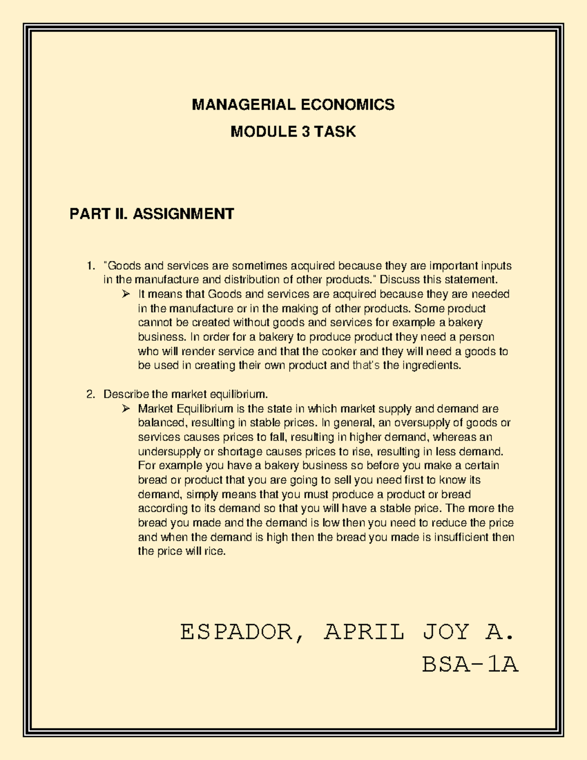 Managerial Economics Module 3 TASK BY Espador, April JOY A - MANAGERIAL ...