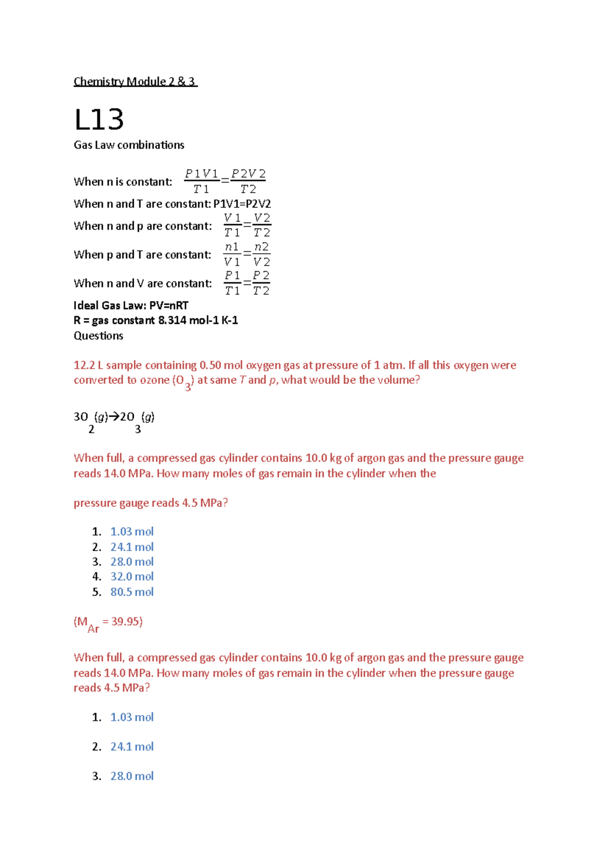 Chemistry Module 2 &3 - Chemistry Module 2 & 3 L Gas Law combinations ...