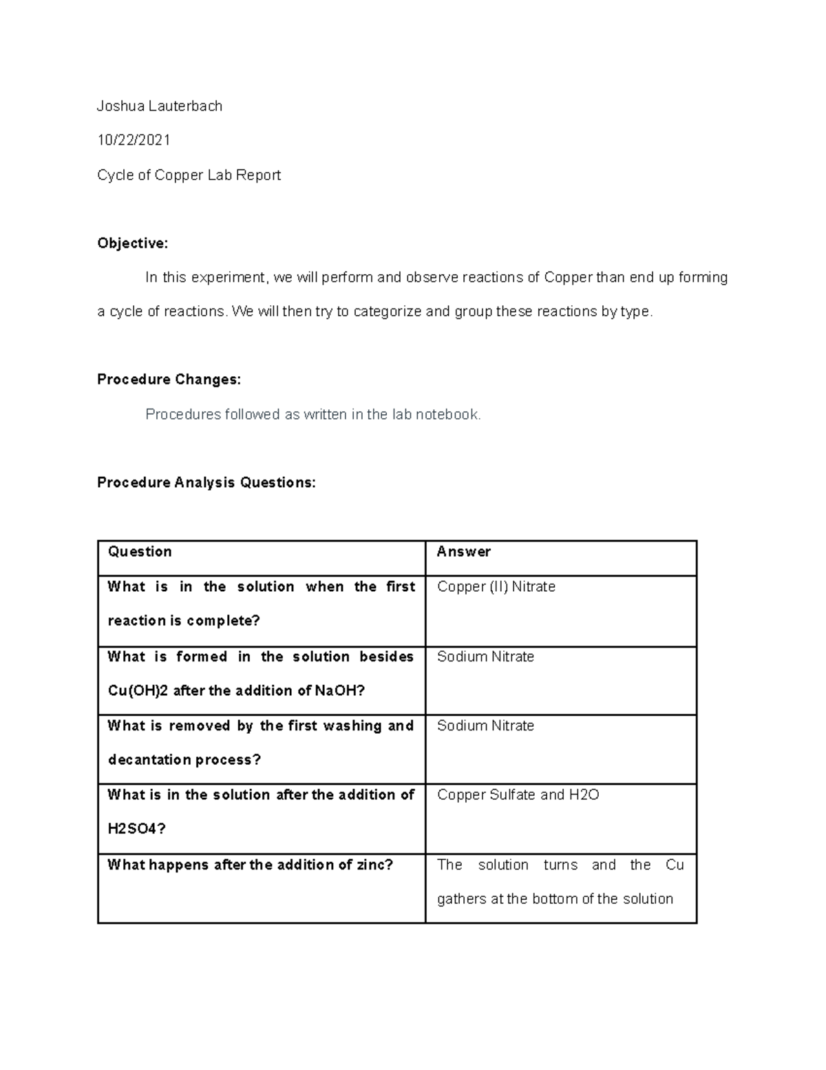 General Chemistry Lab 6 Cycle of Copper - Joshua Lauterbach 10/22 ...