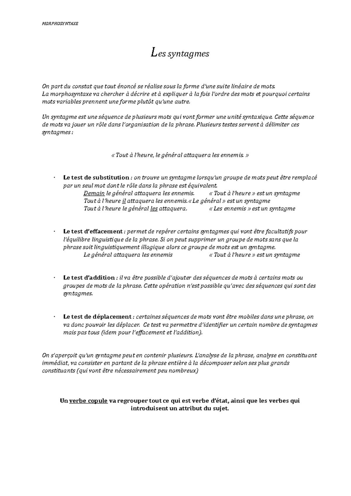 Syntagmes - Notes de cours Morphosyntaxe - MORPHOSYNTAXE Les syntagmes ...