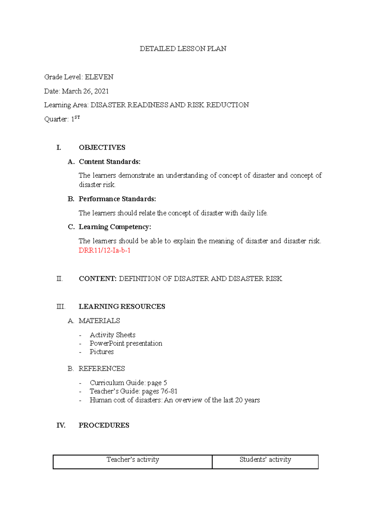 Detailed Lesson PLAN - Disaster Readiness and Risk Reduction 1st ...