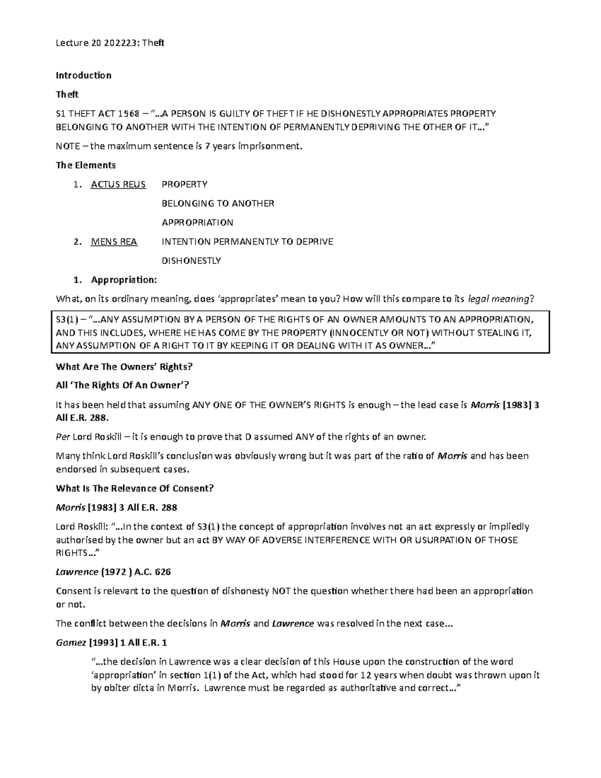 20. Theft notes - 2702 - Introduction Thef S1 THEFT ACT 1968 ...