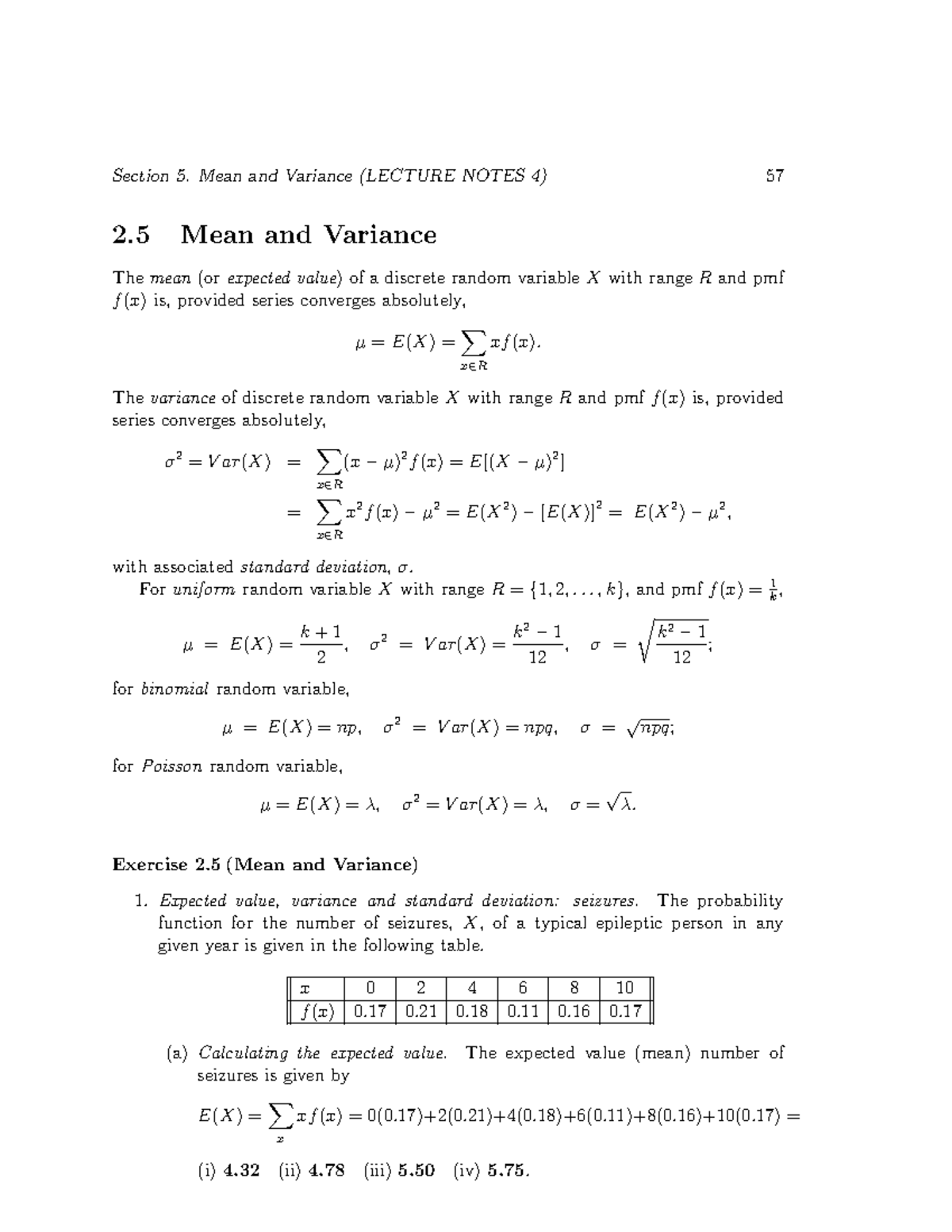 Mean nd variancr - Notes - Section 5. Mean and Variance (LECTURE NOTES ...