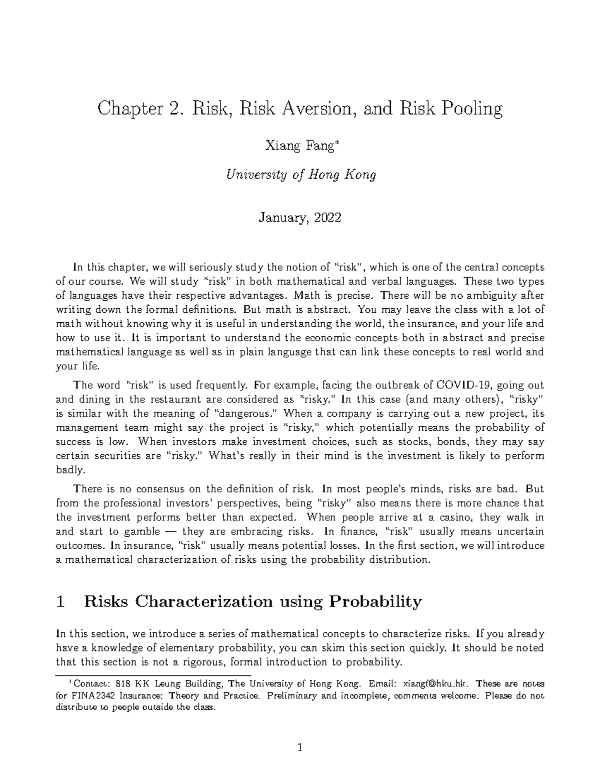Chapter 2 - lecture notes - Chapter 2. Risk, Risk Aversion, and Risk ...
