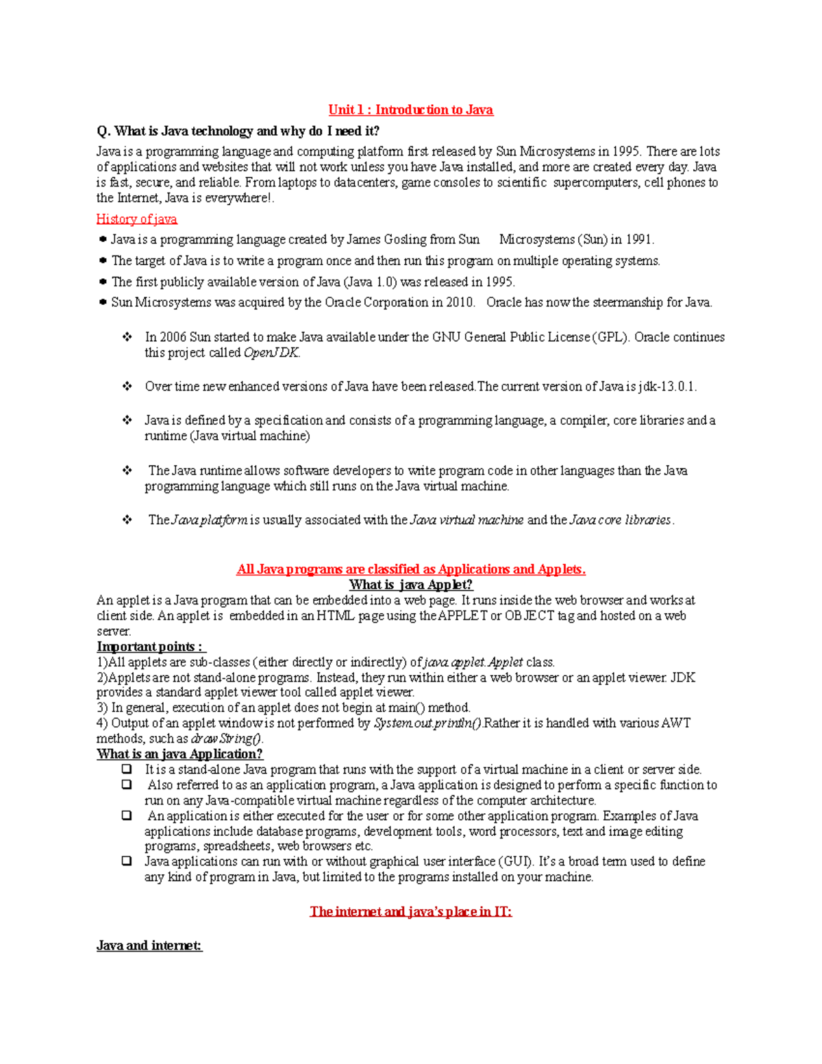 Unit 1 2 note - bca - Unit 1 : Introduction to Java Q. What is Java ...