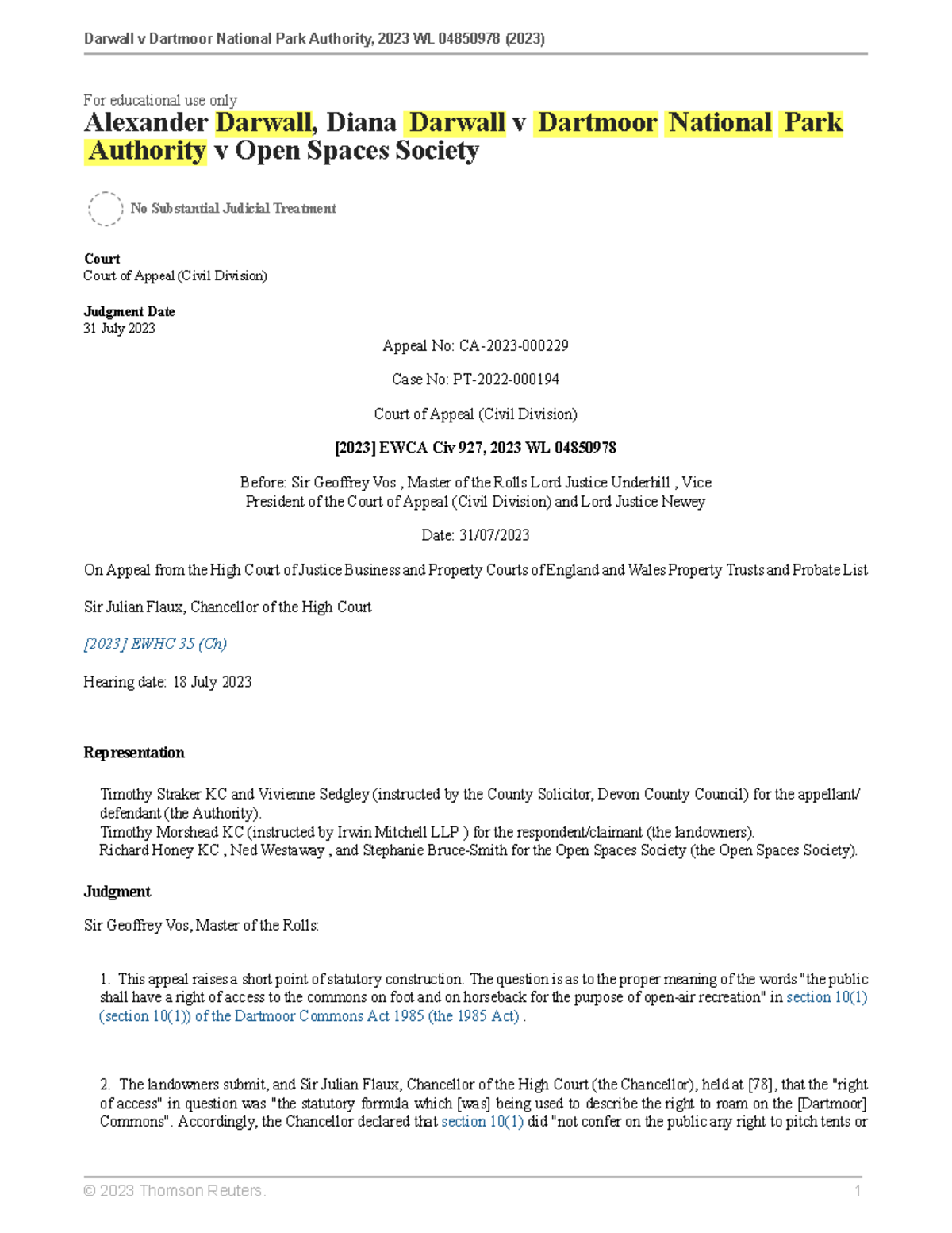 Darwall v Dartmoor National Park Authority - Timothy Morshead KC ...