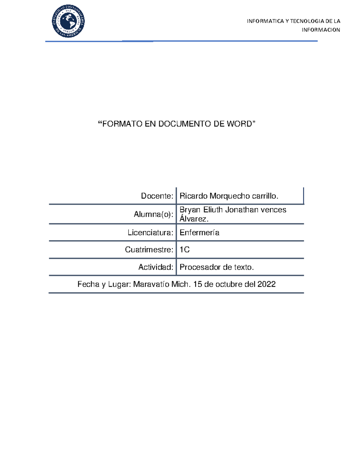 Formato EN Documento DE WORD - INFORMATICA Y TECNOLOGIA DE LA ...