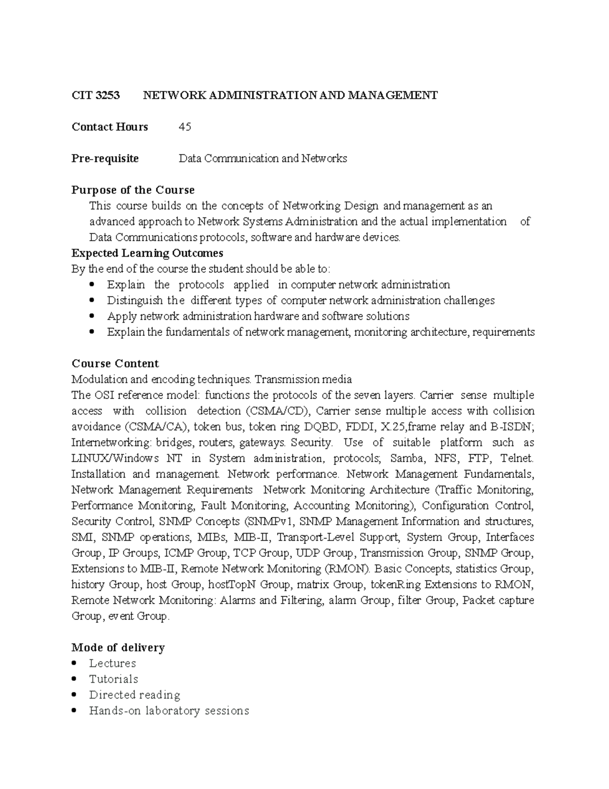 CIT 3253 Network Administration AND Management Course Outline - CIT ...