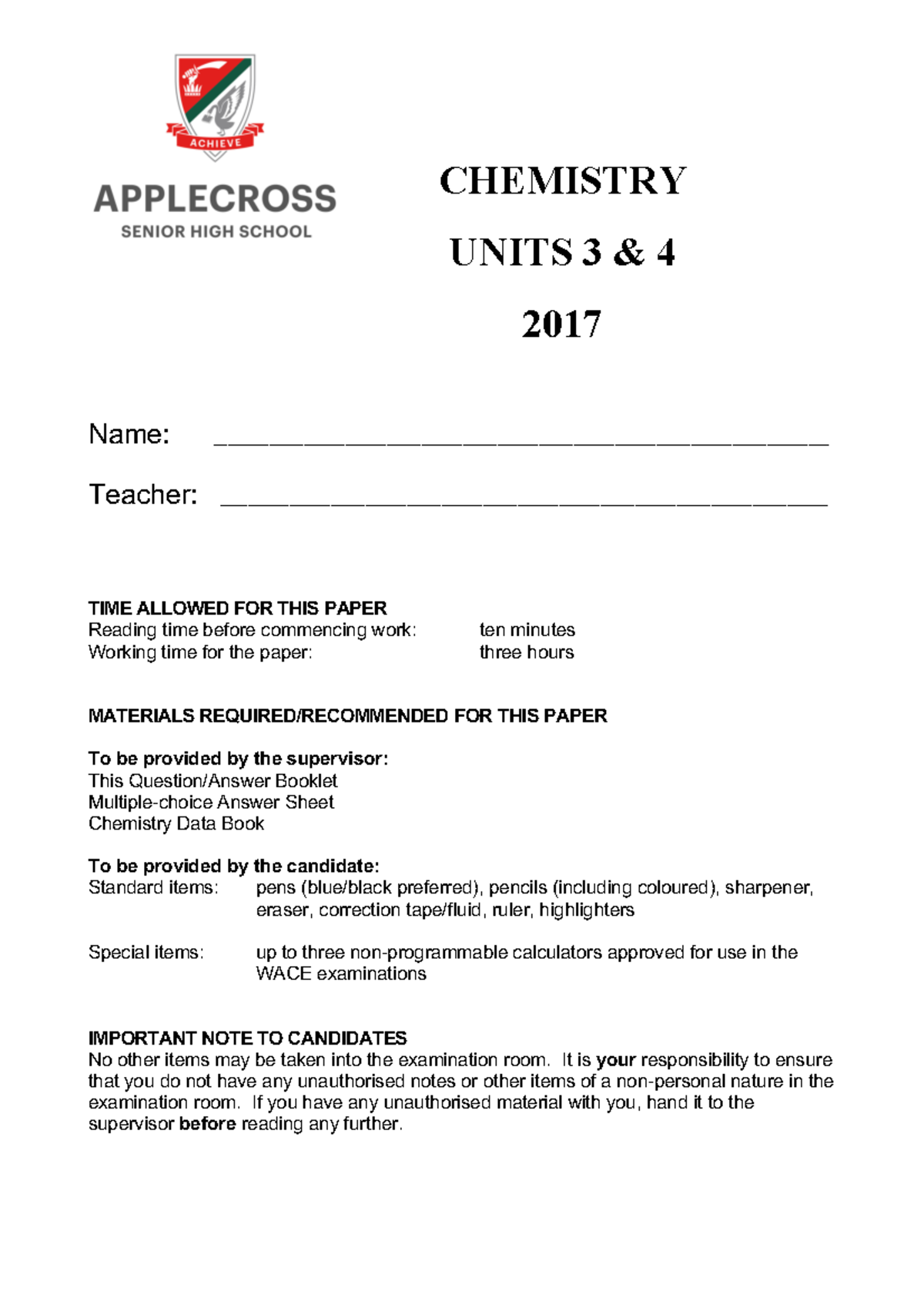 2017 chemistry units 3 4 exam final - CHEMISTRY UNITS 3 & 4 2017 Name ...