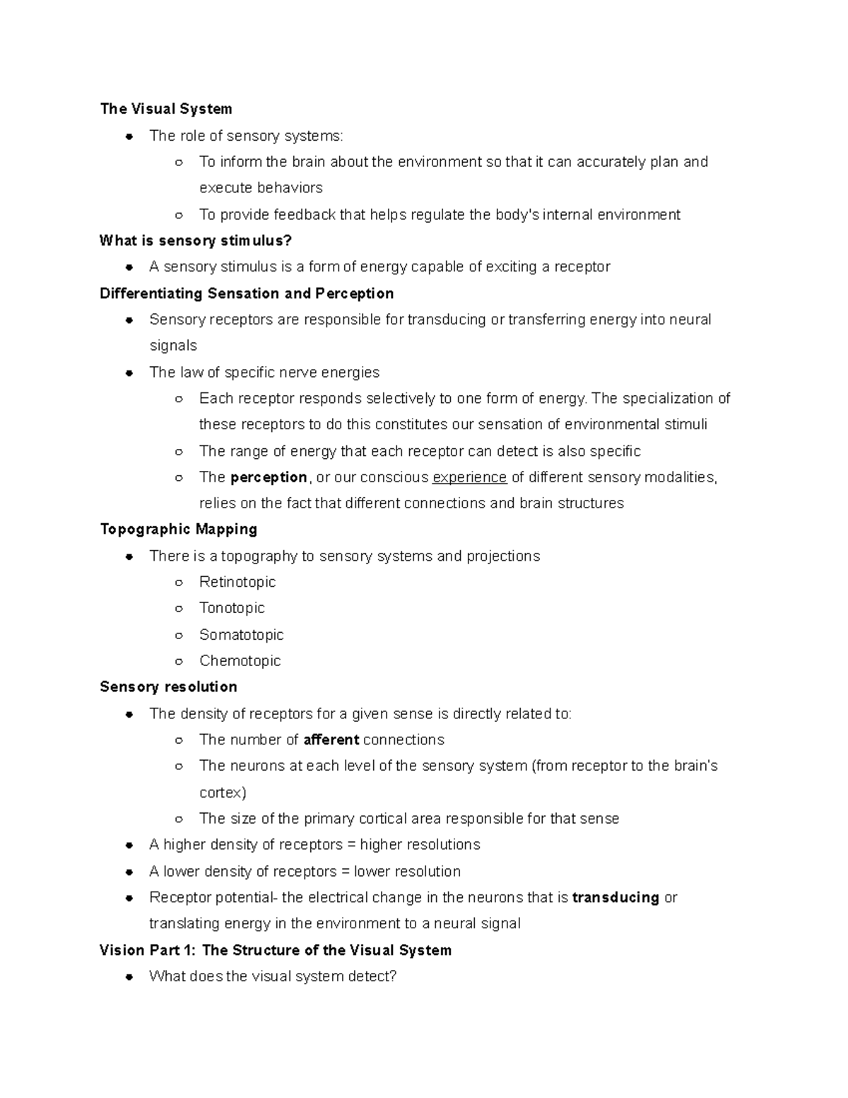 Physiological Psych: Lecture 7 - The Visual System The role of sensory ...