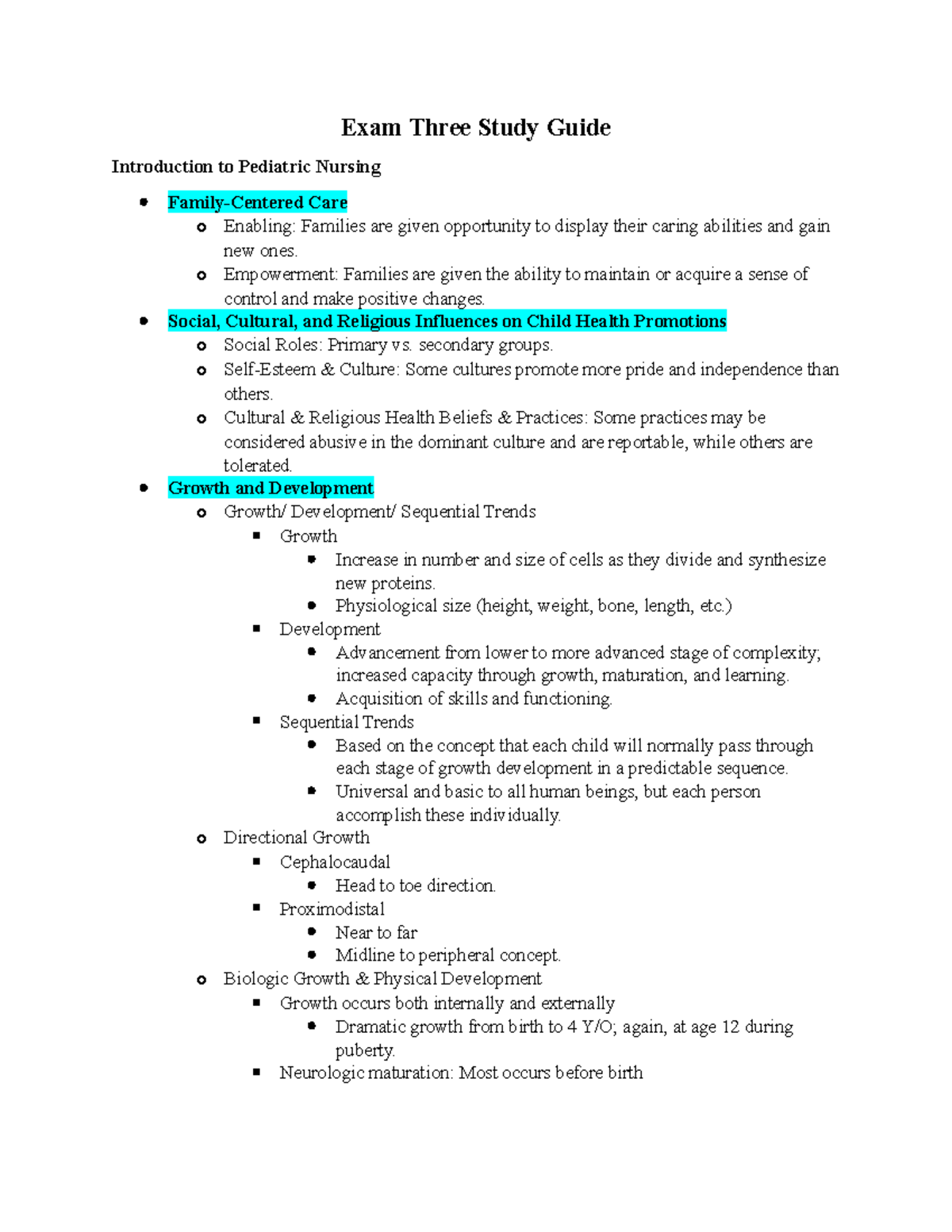 NUR230 Exam 3 Study Guide: Key Pediatric Nursing Topics - Exam Three ...