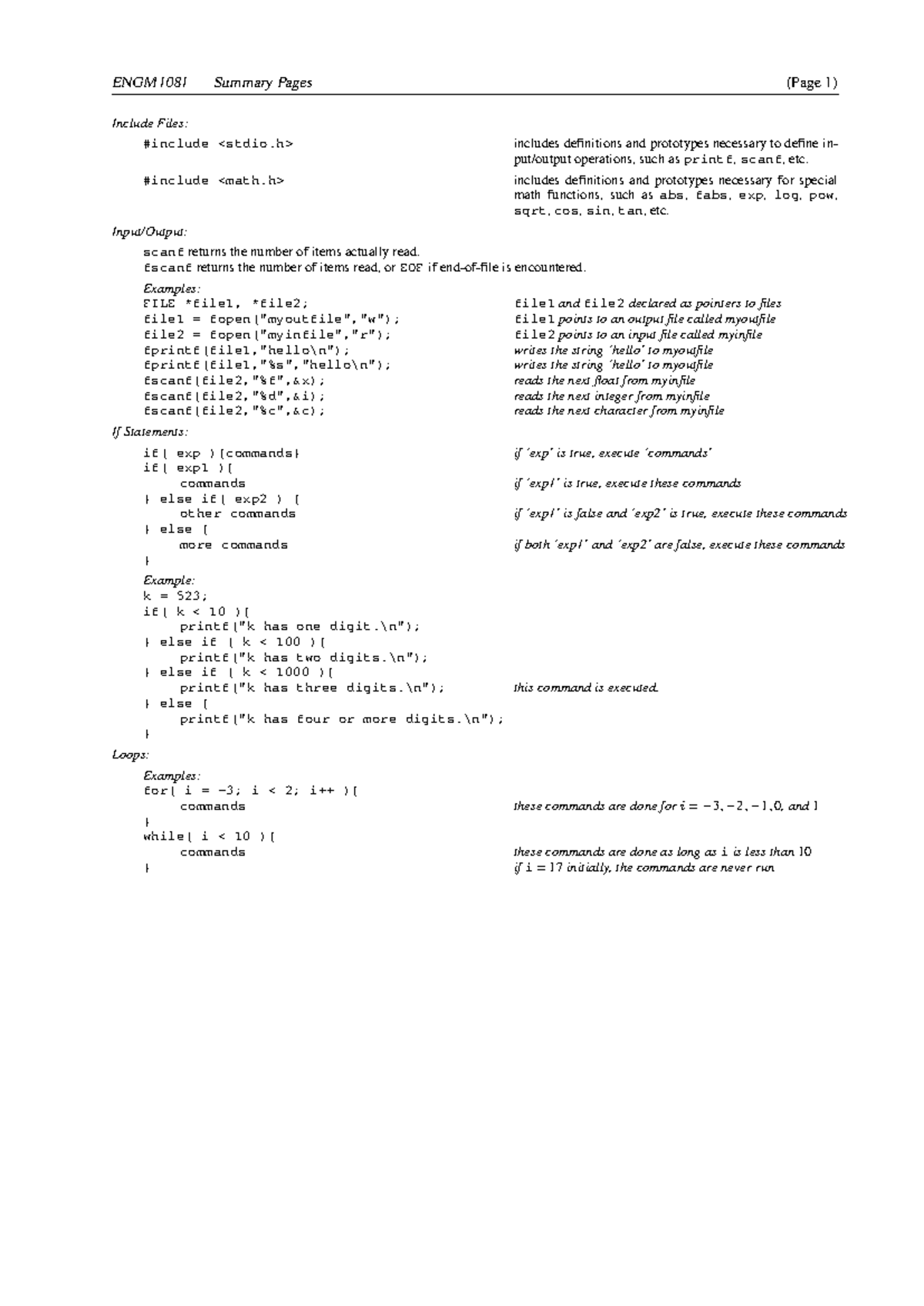 Summary Pages ENGM 1081 - ENGM1081 Summary Pages (Page 1) Include Files: #include - Studocu