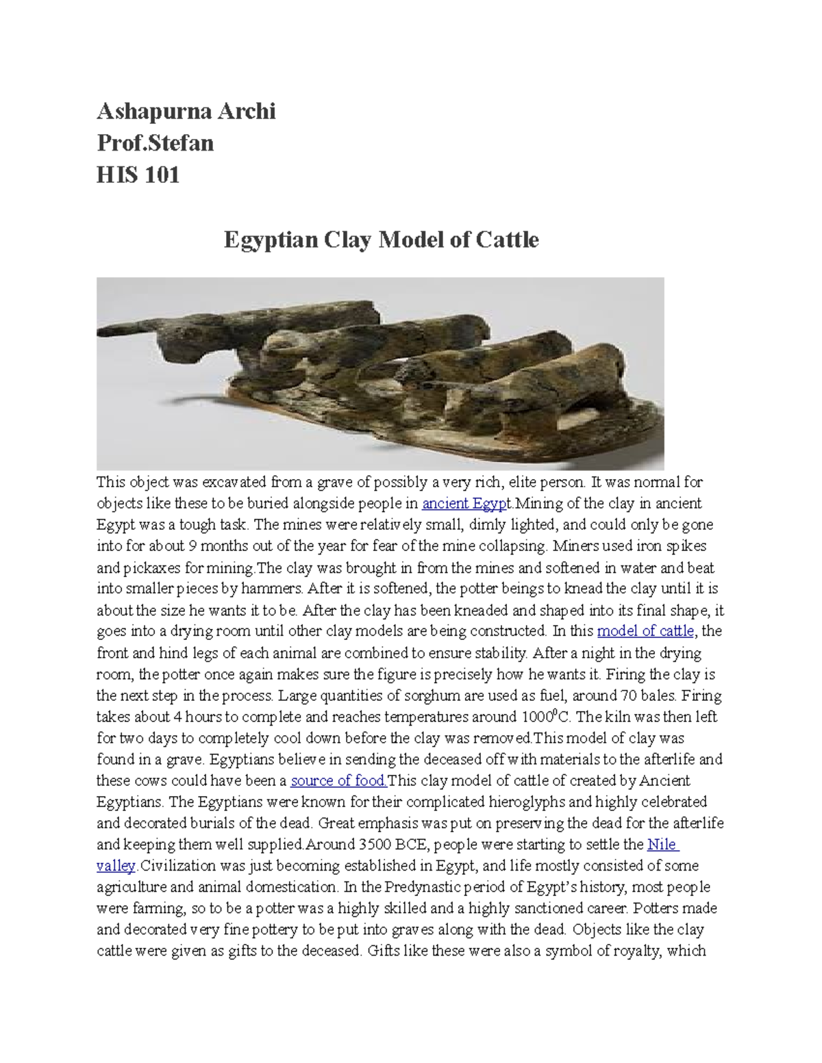 Egyptian Clay Model of Cattle - Ashapurna Archi Prof HIS 101 Egyptian ...