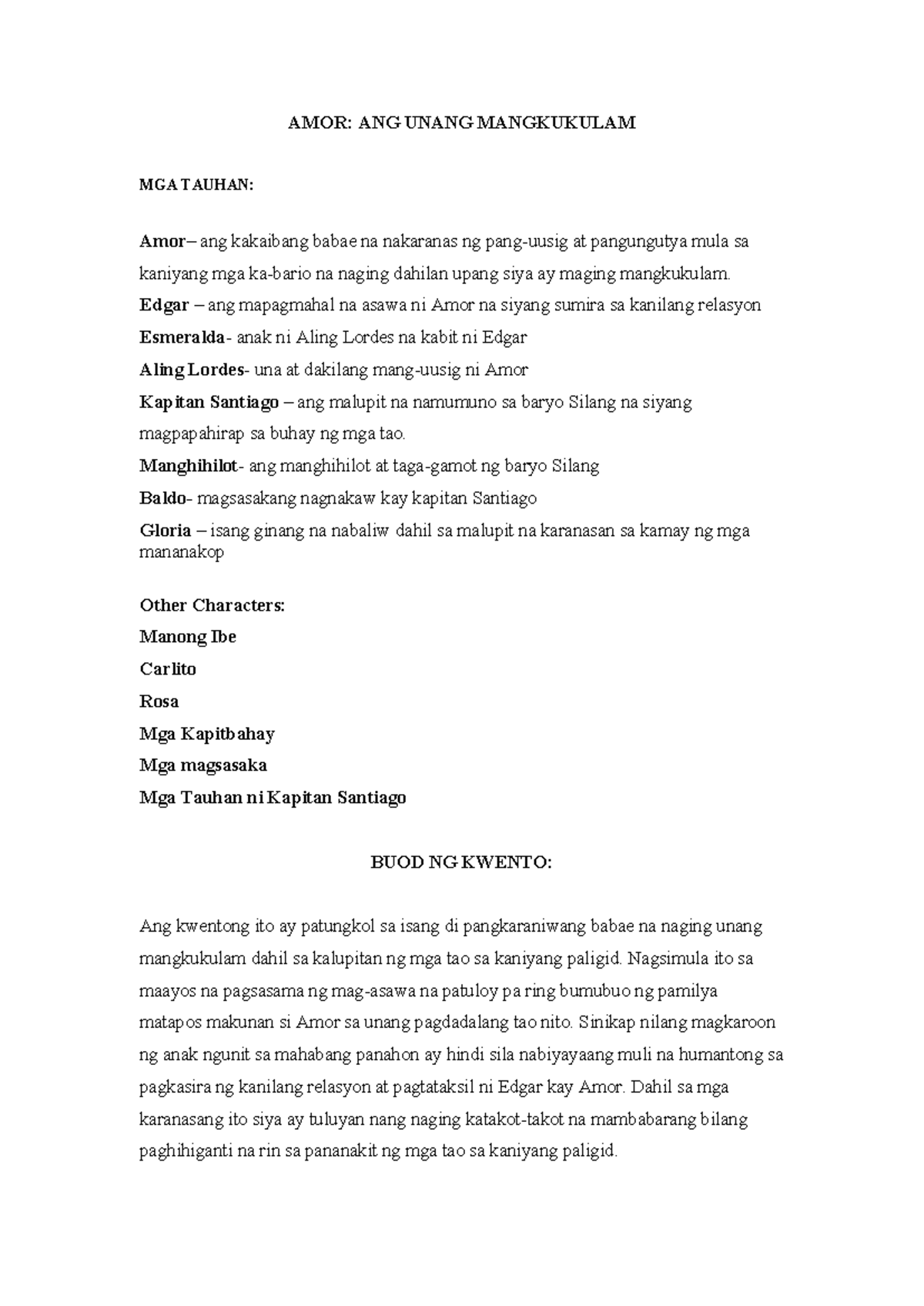 Script for Theater Production - AMOR: ANG UNANG MANGKUKULAM MGA TAUHAN ...