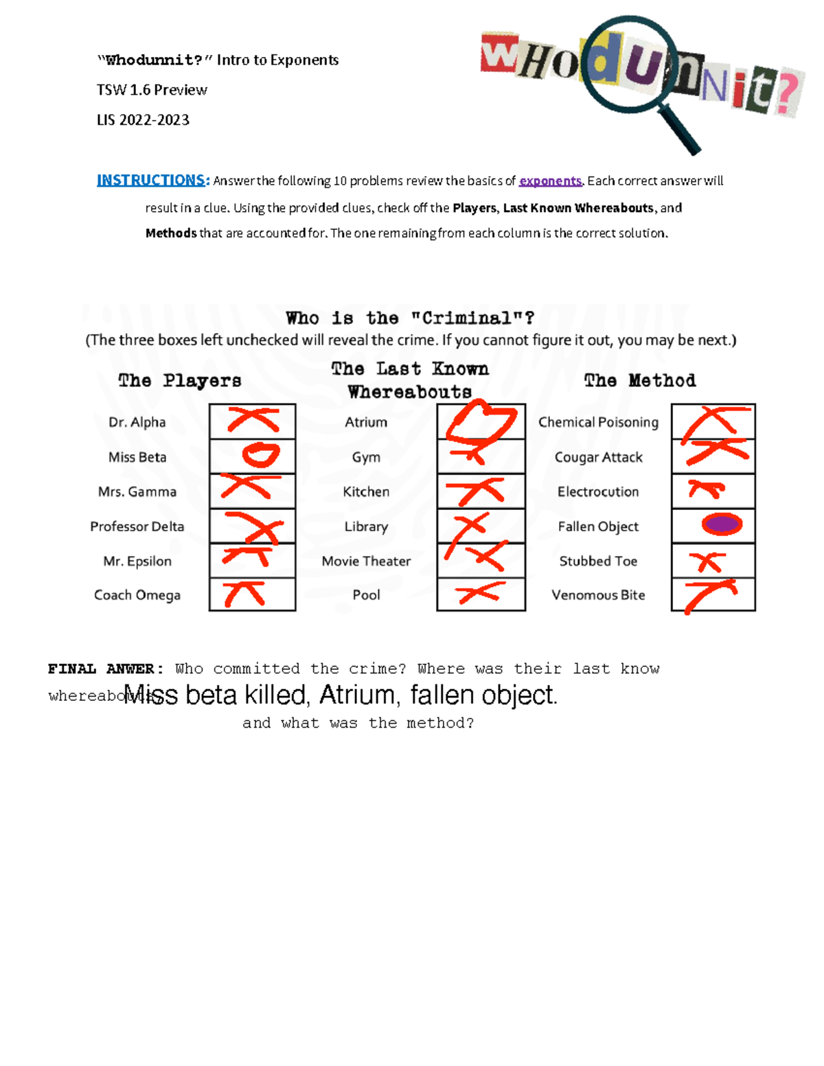 Whodunnit TSW 1.6 Intro to Exponents - Mathematics - “Whodunnit?” Intro ...