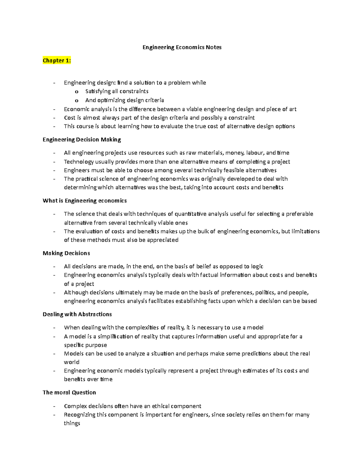 Engineering Economics Notes Engineering Economics Notes Chapter 1 Engineering Design Find A