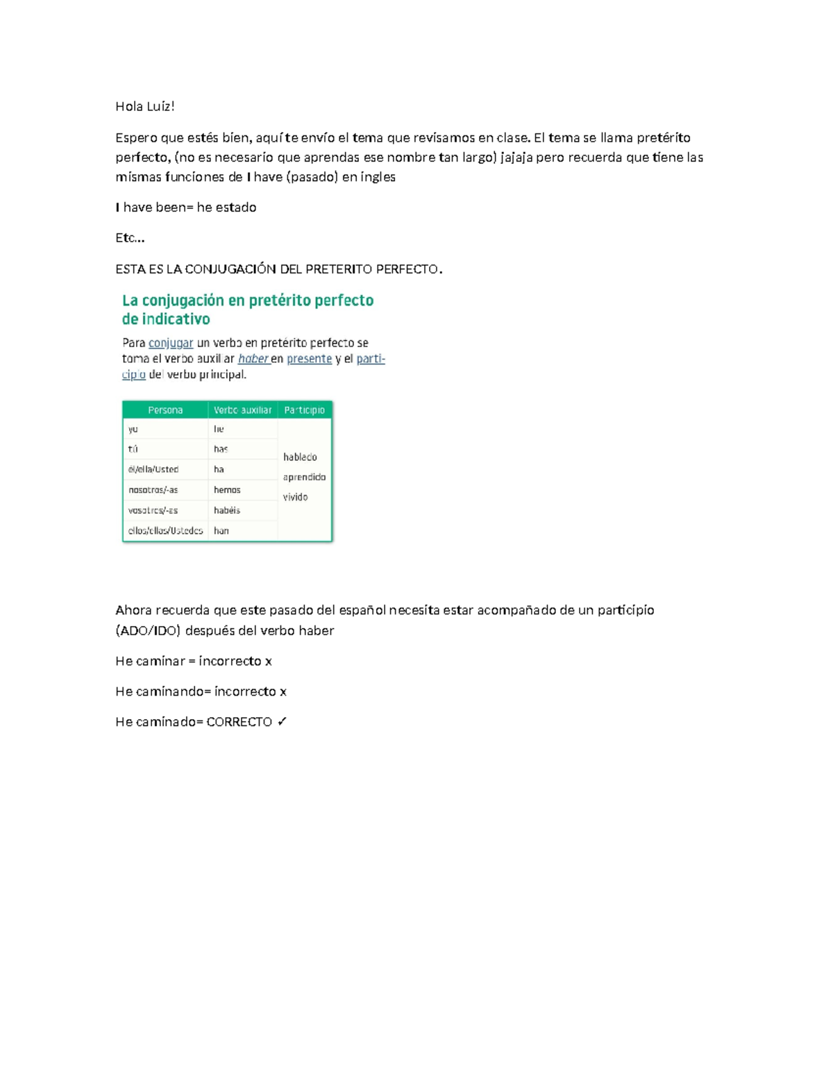 Tarea participio espanol - Hola Luiz! Espero que estés bien, aquí te ...