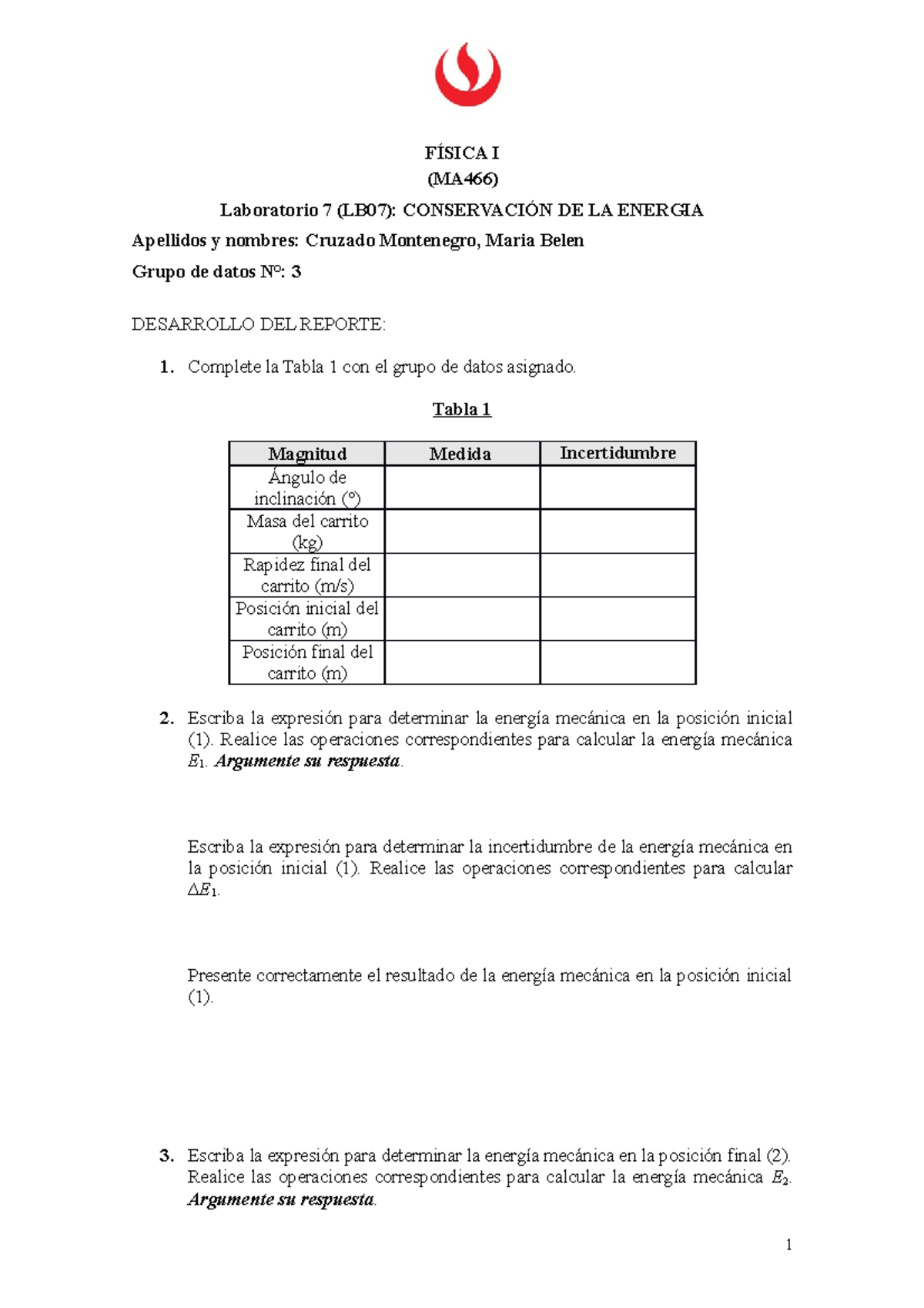 Reporte De Laboratorio 7 De Física I FÍsica I Ma466 Laboratorio 7