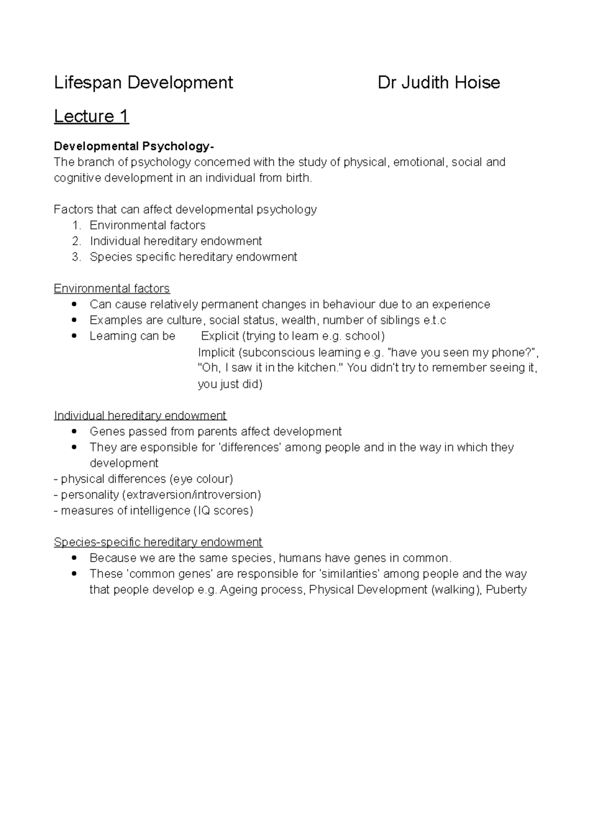 Developmental Psychology Notes Lectures 1-6 - Lifespan Development Dr ...