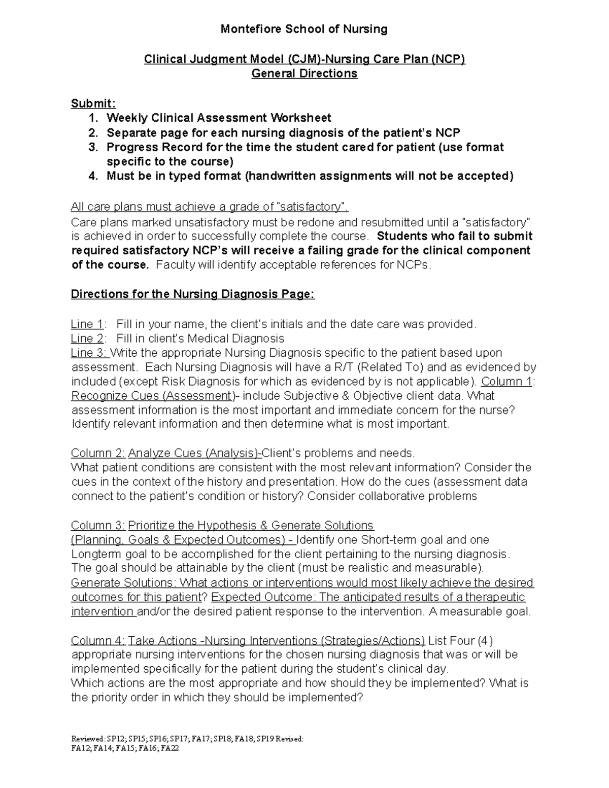 CJM Nursing Care Plan Directions Fall 23 - Montefiore School of Nursing ...