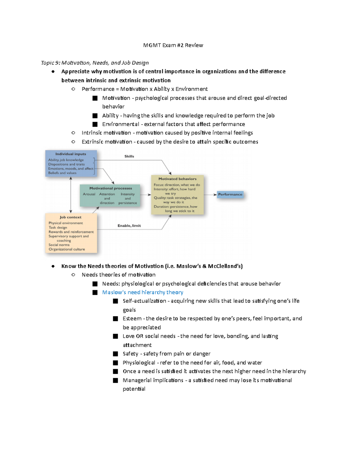 MGMT Review Test - MGMT Exam #2 Review Topic 9: Motivation, Needs, and ...