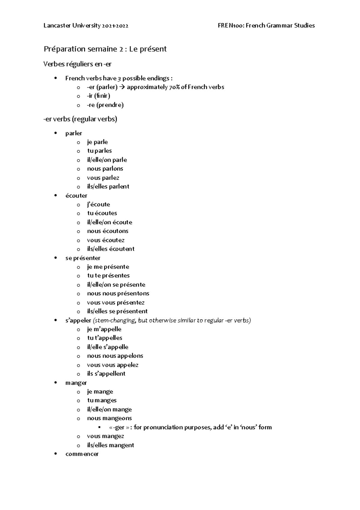 Pre-Seminar Video Notes - Préparation semaine 2 : Le présent Verbes ...
