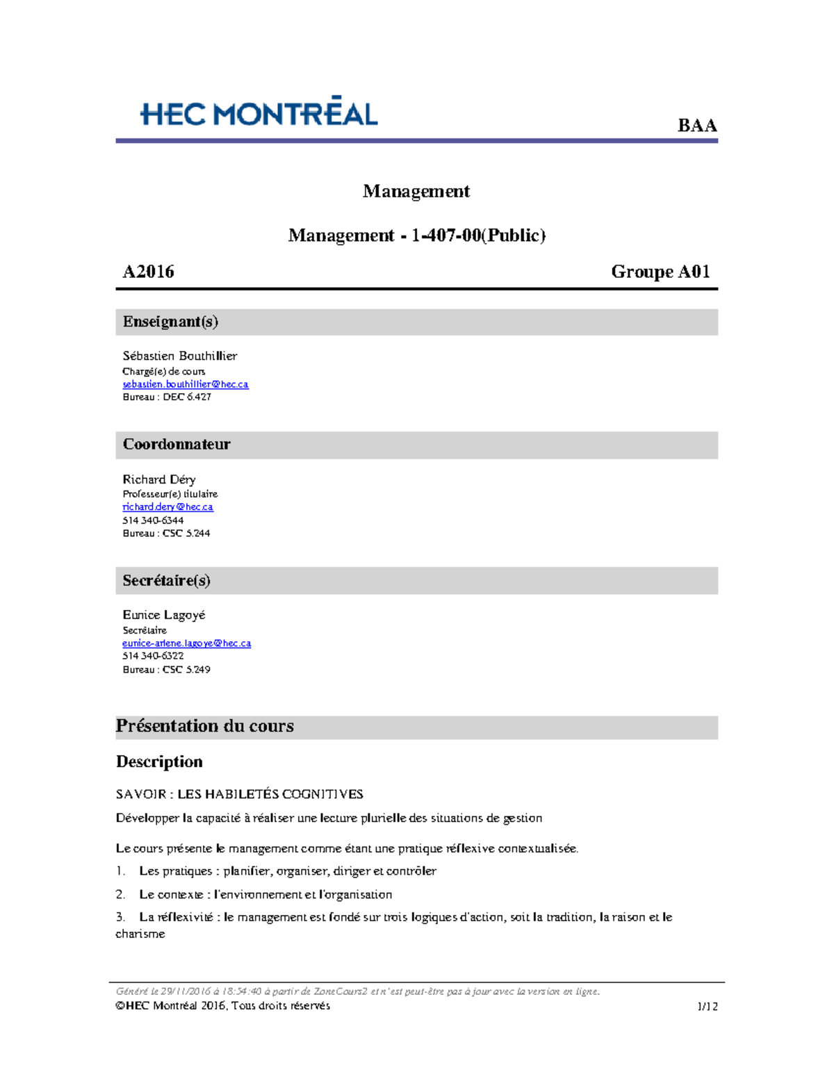 1-407-00 - Plan de cours - Généré le 29/11/2016 à 18:54:40 à partir de ...