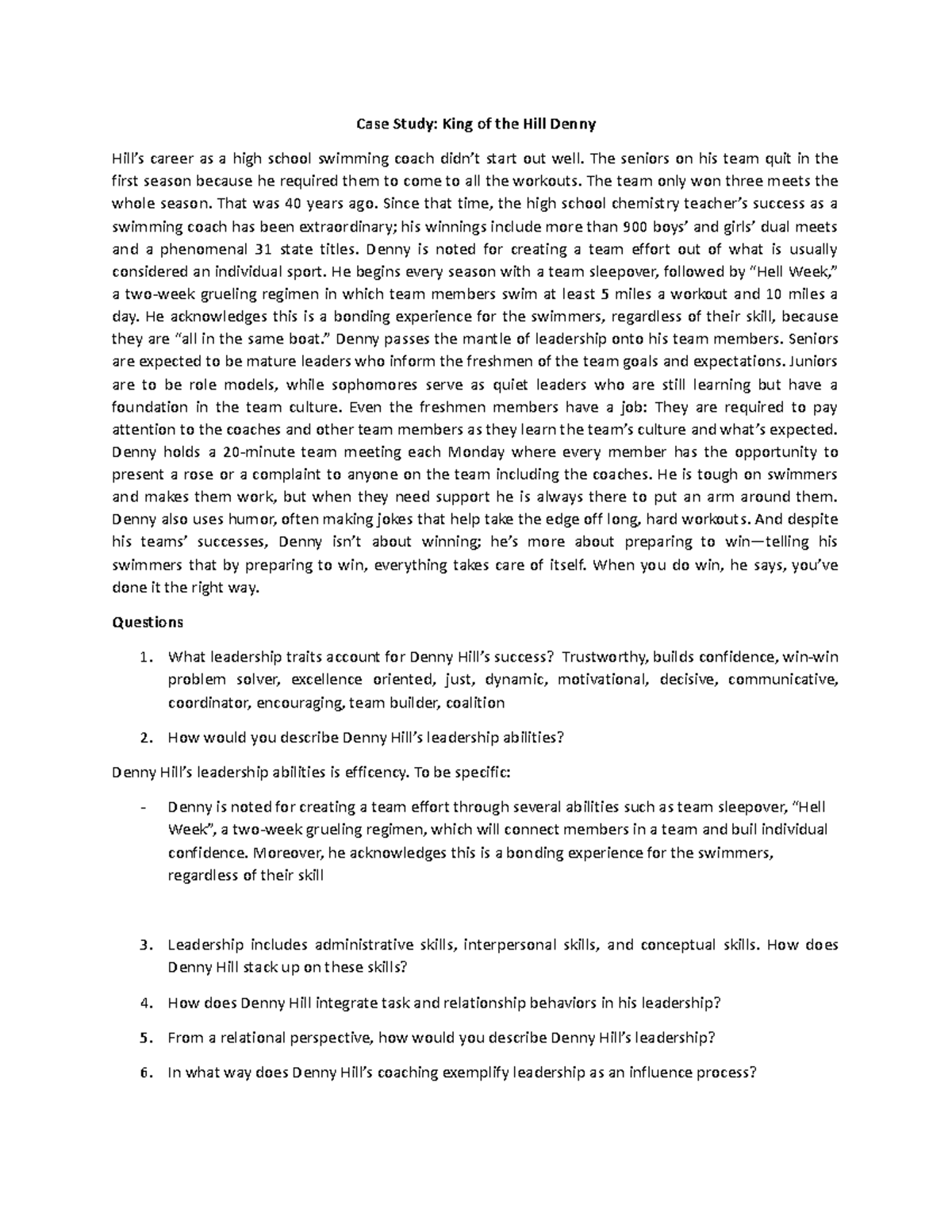Case Study 1 - NNN - Case Study: King of the Hill Denny Hill’s career as a high school swimming ...