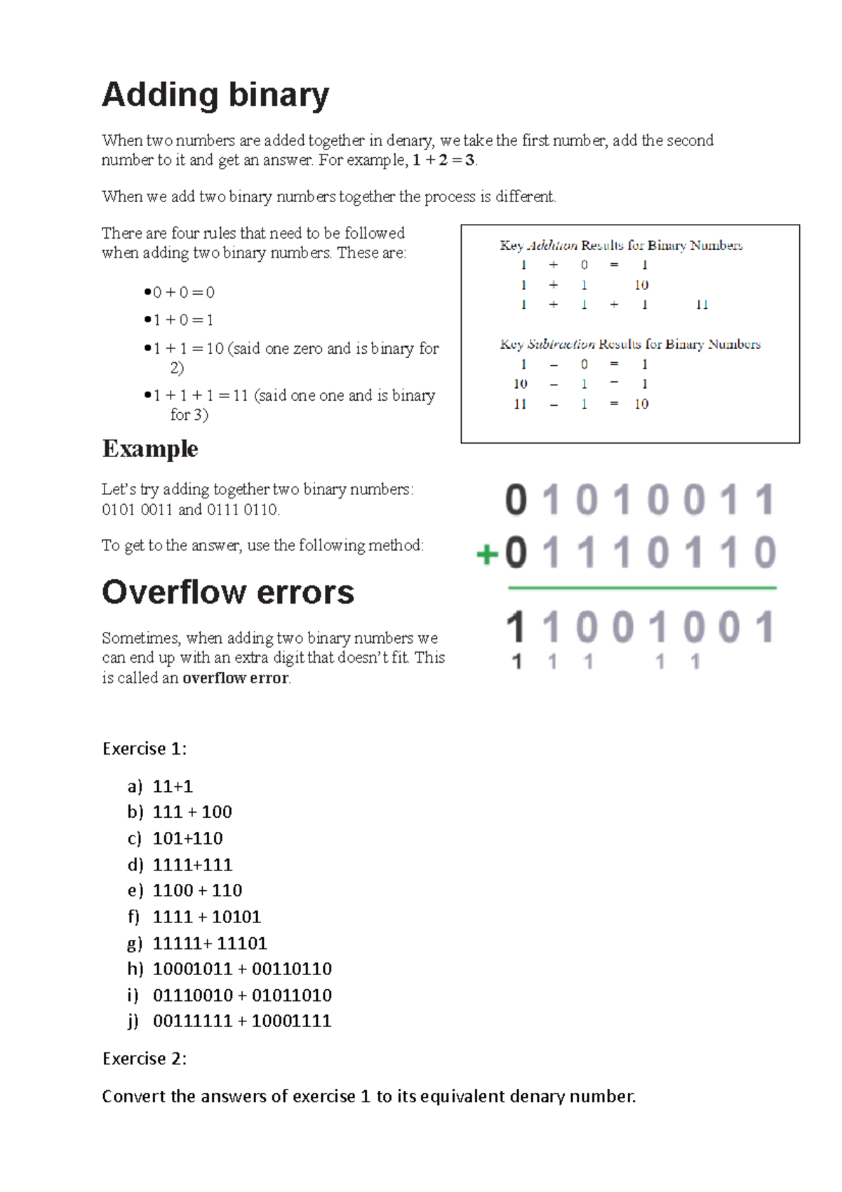 Adding Binary Data Representation Adding Binary When Two Numbers
