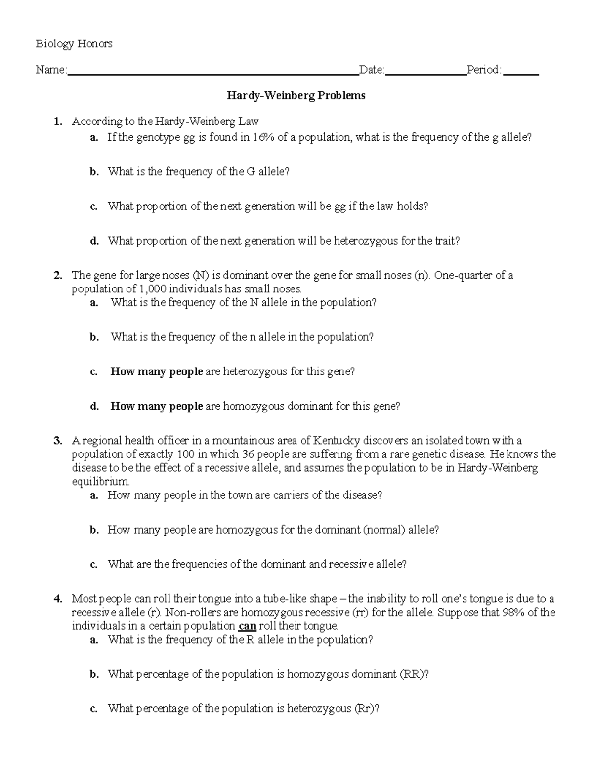 Hardy Weinberg Practice Problems On Equilibrium - Biology Honors Name ...