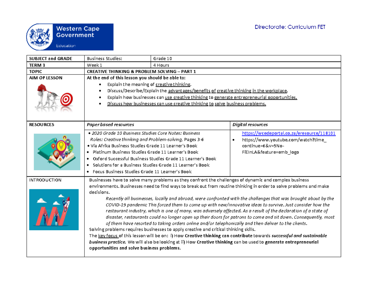 Business Studies Grade 10 Term 3 Week 1 2020 - SUBJECT and GRADE ...